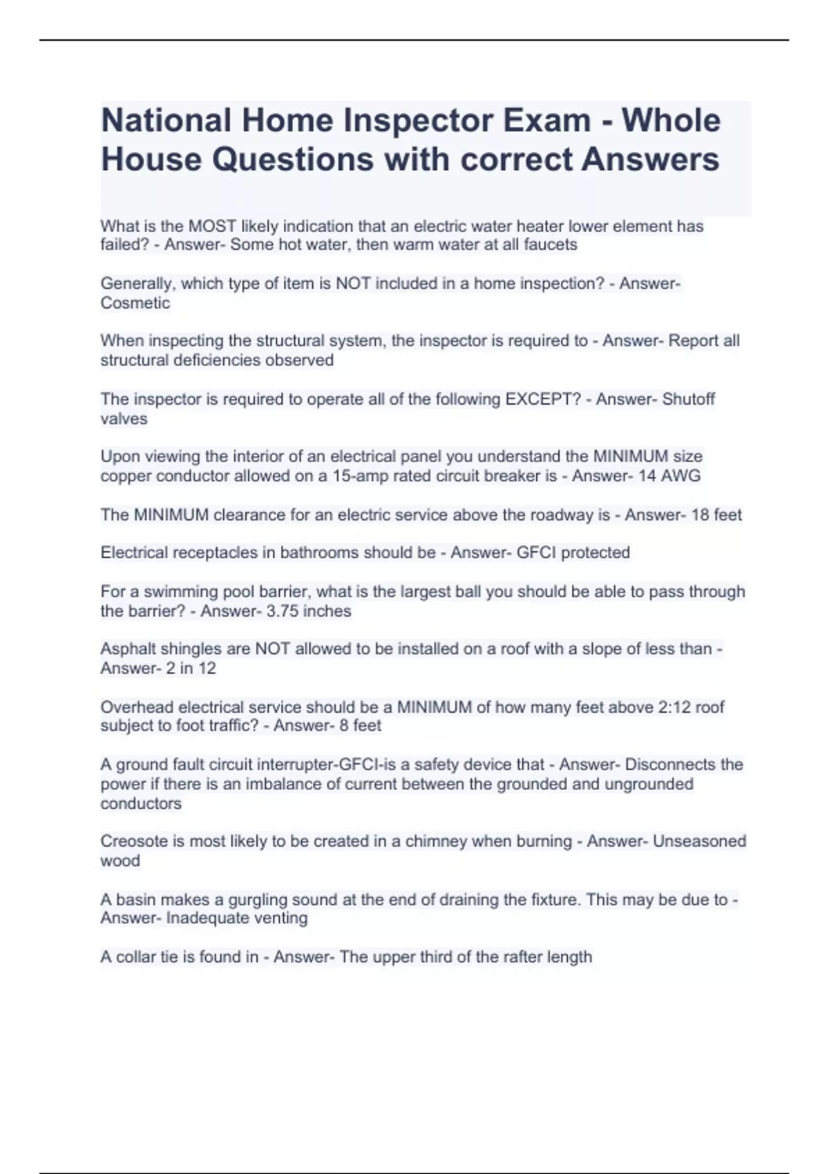 National Home Inspector Exam - Whole House Questions with correct ...