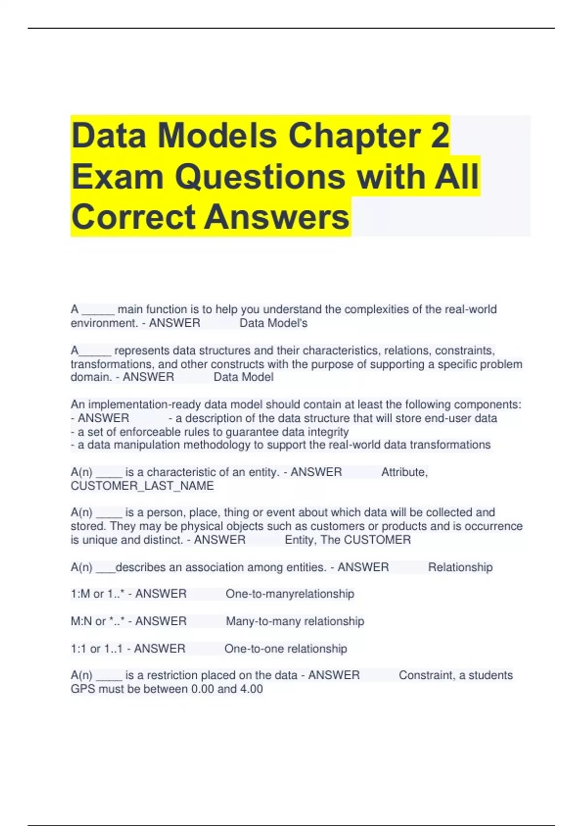 Data Models Chapter 2 Exam Questions with All Correct Answers - Data ...