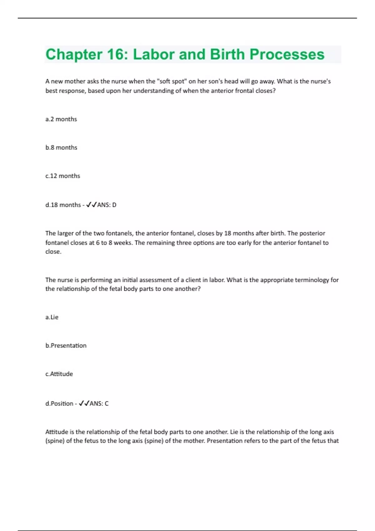 Chapter 16: Labor and Birth Processes | 28 Question and Answers (A+ ...
