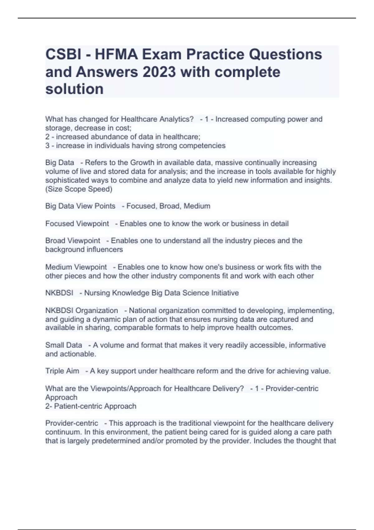 CSBI - HFMA Exam Practice Questions and Answers 2023 with complete solution - CSBI - HFMA ...