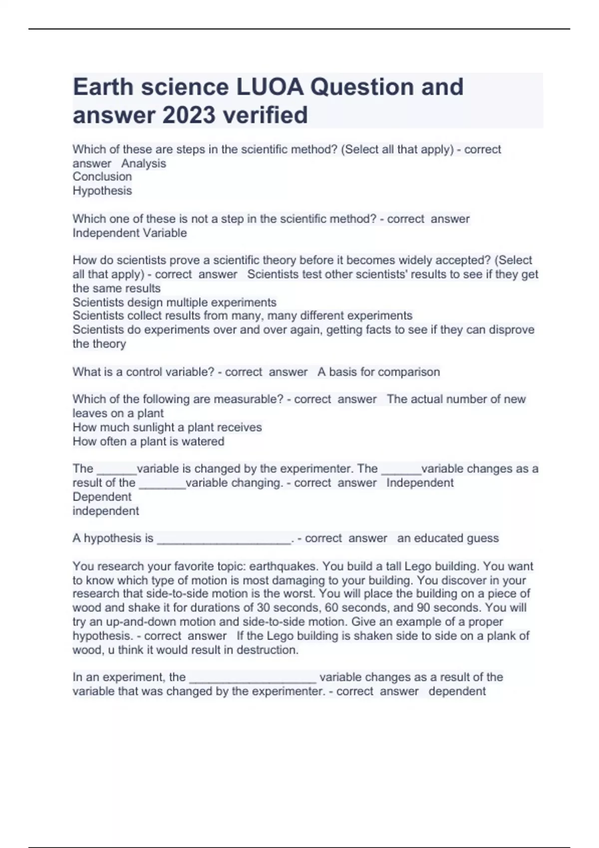 Earth science LUOA Question and answer 2025 verified latest version ...