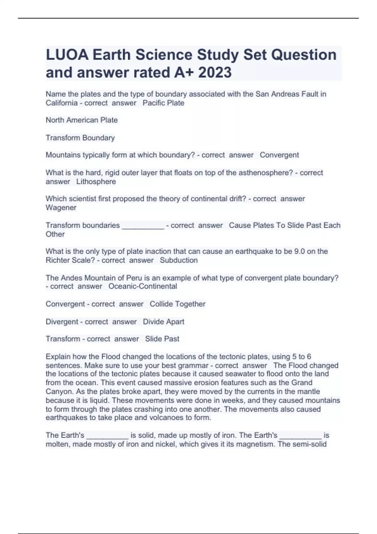 LUOA Earth Science Study Set Question and answer rated A+ 2025 updated - LUOA Earth Science ...
