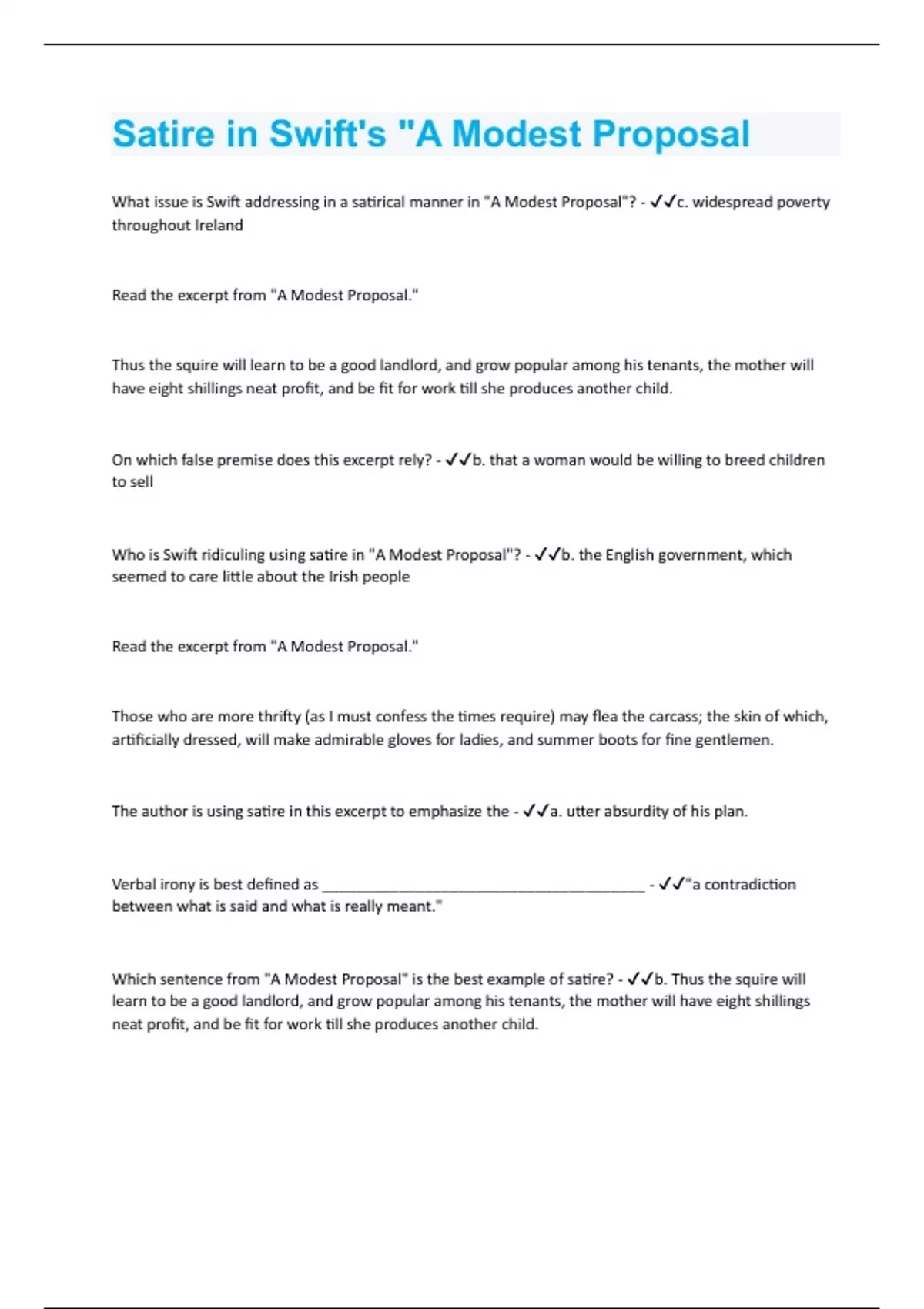 Bundle for Satire in Swift's "A Modest Proposal tests compilation ...