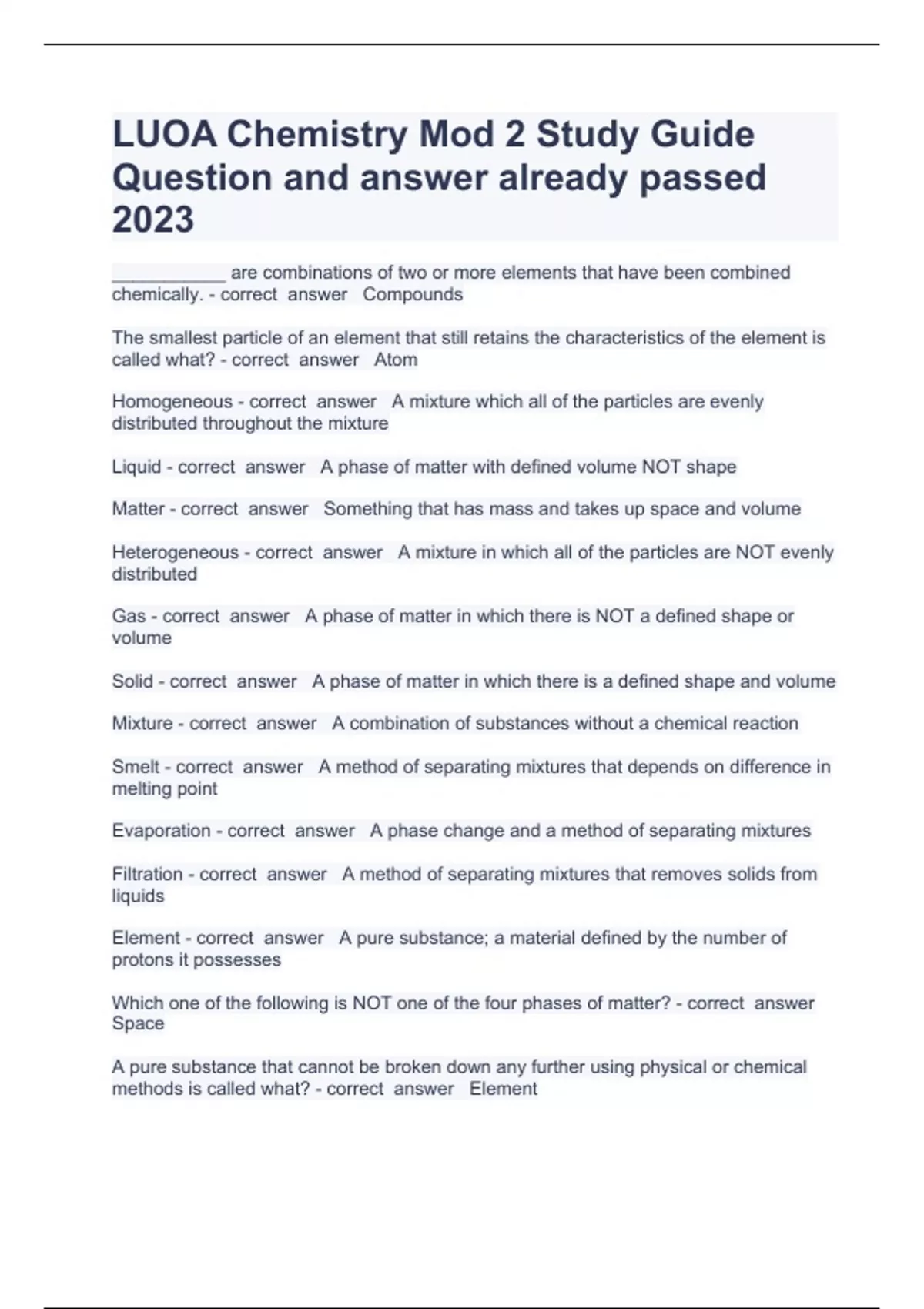 LUOA Chemistry Mod 2 Study Guide Question and answer already passed 2025 updated - LUOA ...