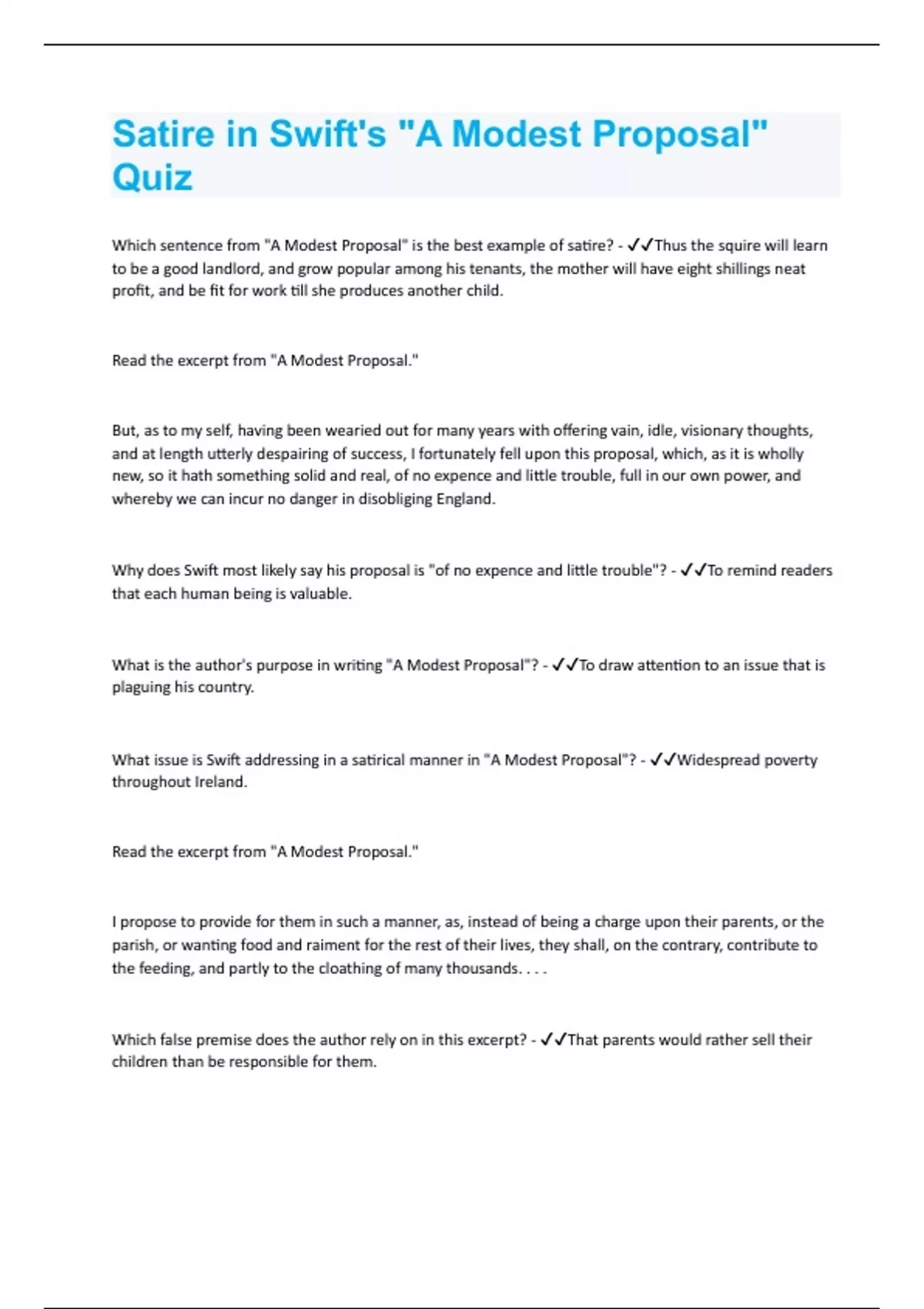 Satire in Swift's "A Modest Proposal" Quiz| Questions with 100 % ...