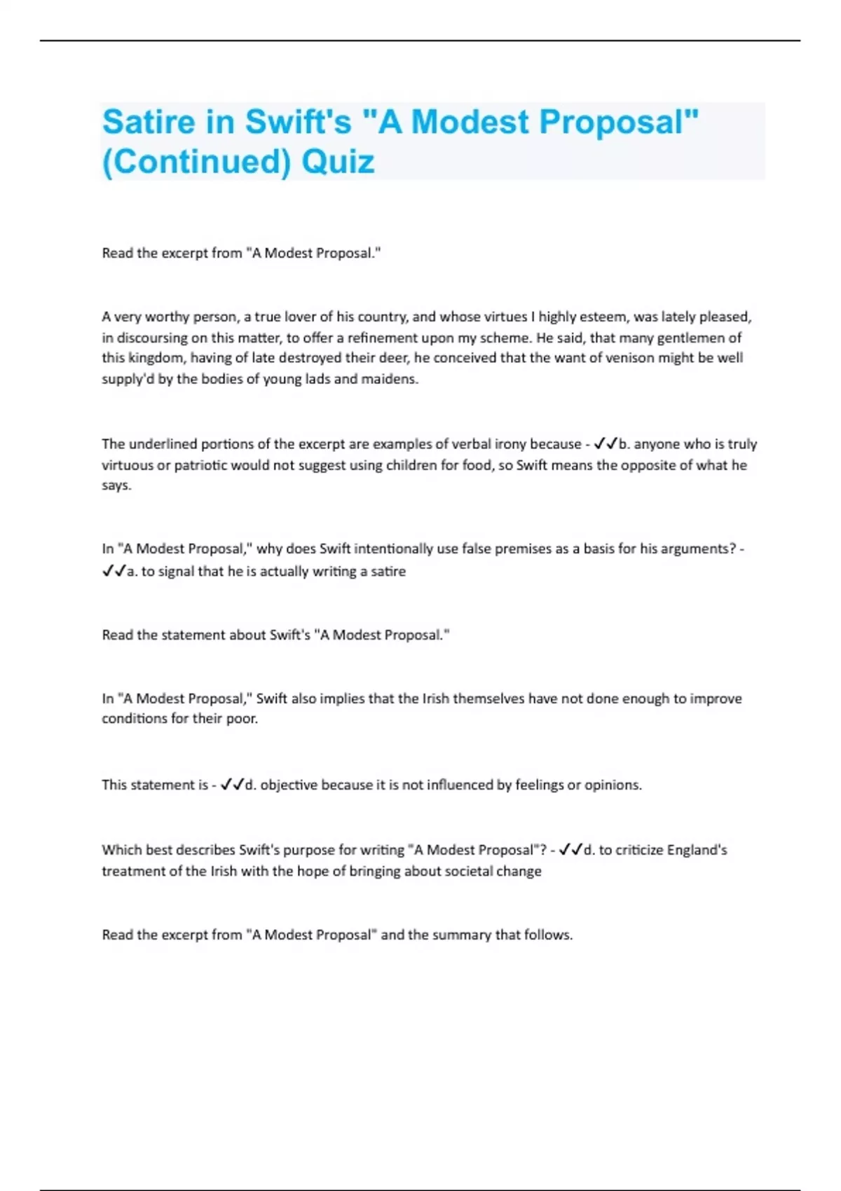 Satire in Swift's "A Modest Proposal" (Continued) Quiz Question and ...