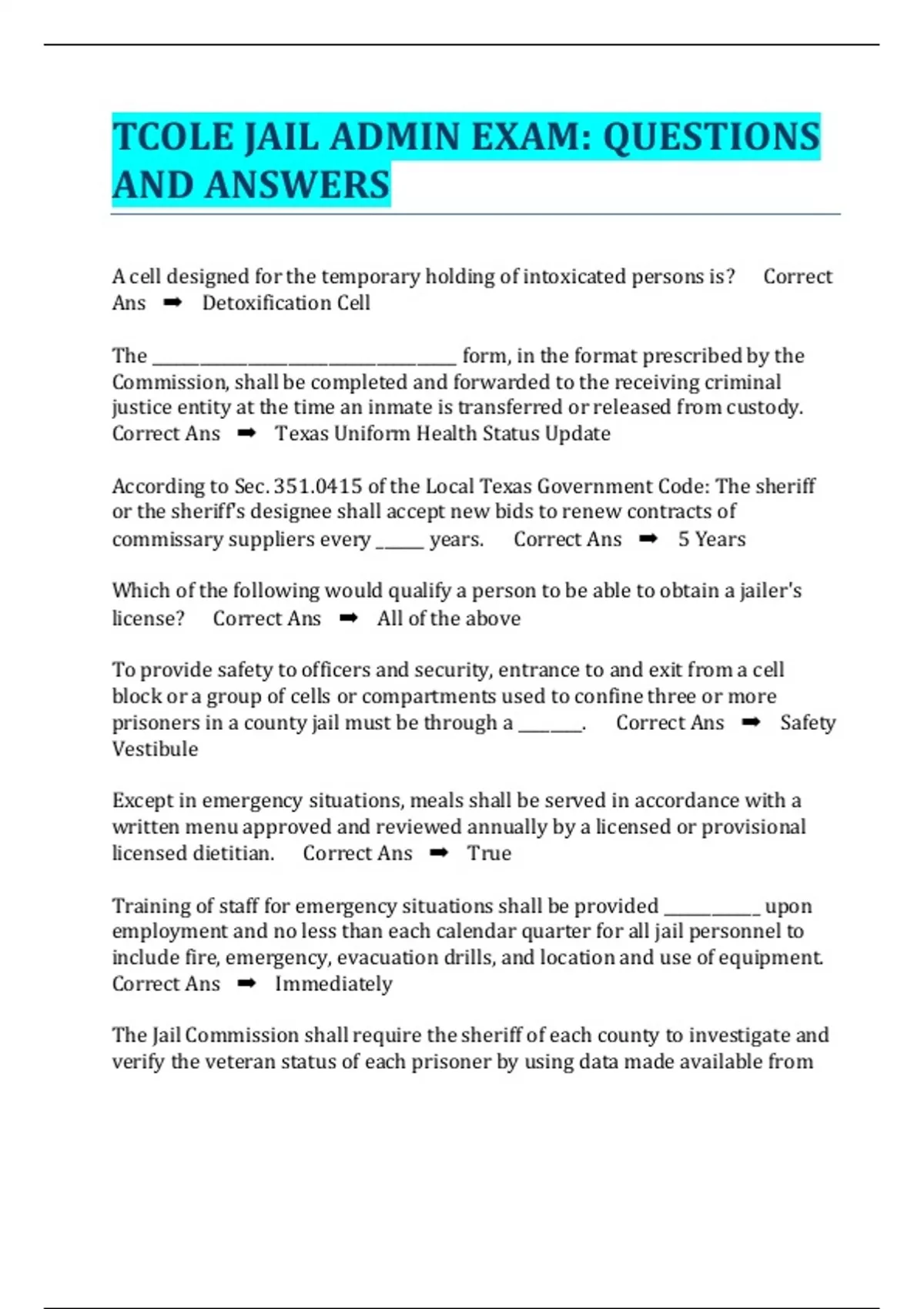 TCOLE JAIL ADMIN EXAM: QUESTIONS AND ANSWERS - TCOLE JAIL ADMIN - Stuvia US