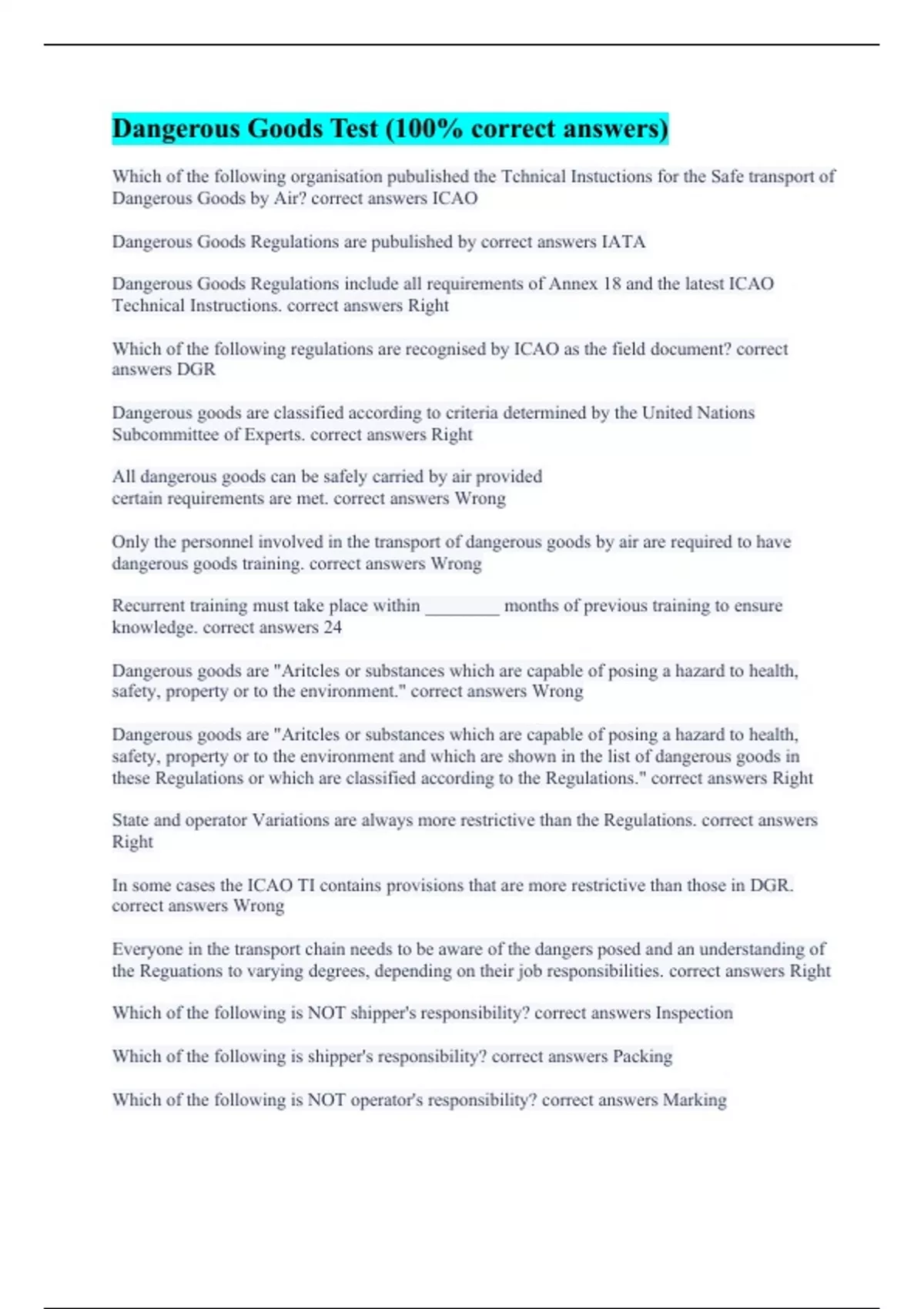 Dangerous Goods Test 100 Correct Answers Dangerous Goods Stuvia US