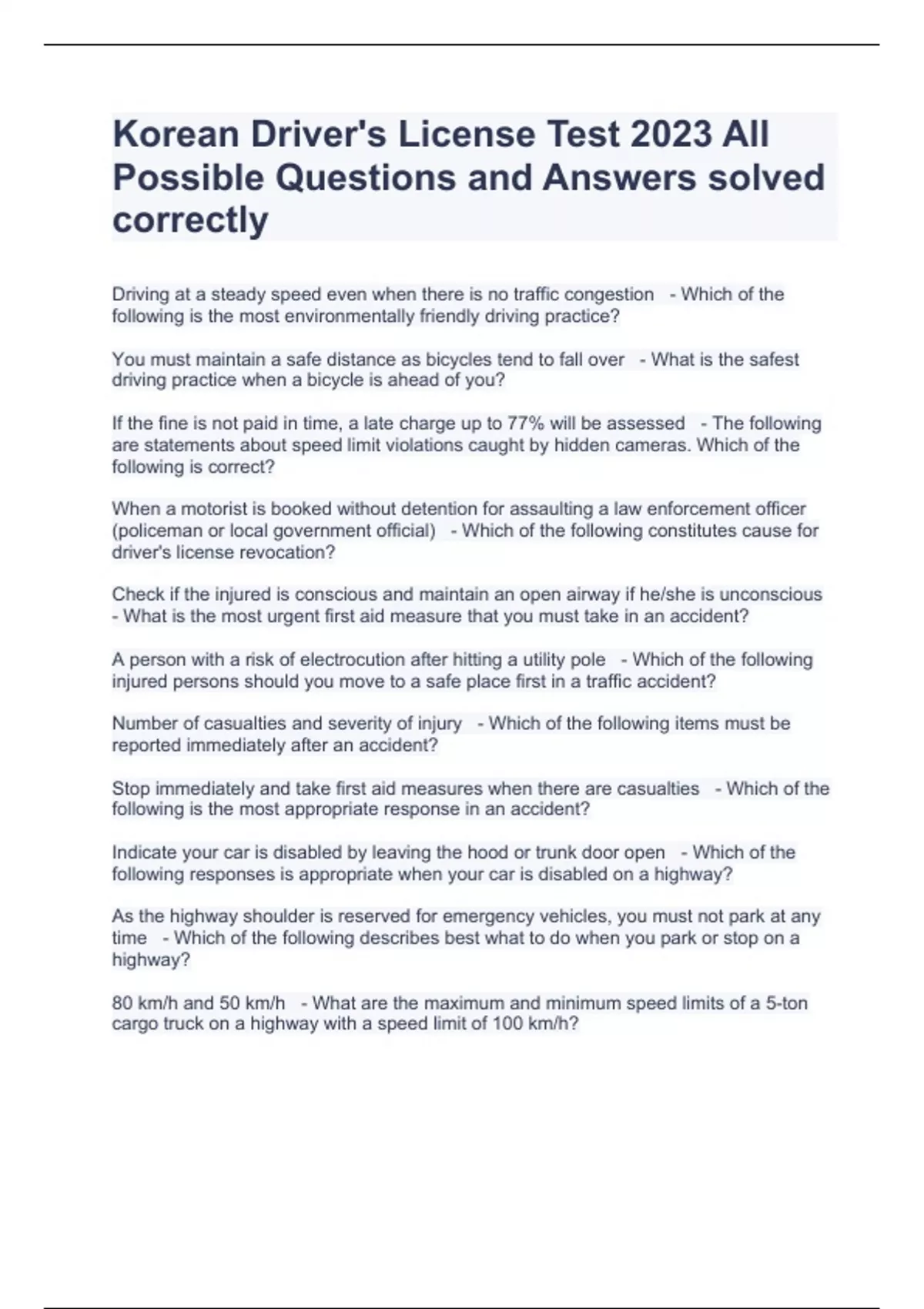 Korean Driver's License Test 2023 All Possible Questions and Answers ...