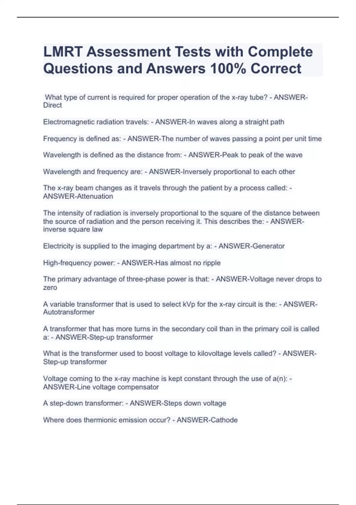 LMRT Assessment Tests with Complete Questions and Answers 100% Correct ...