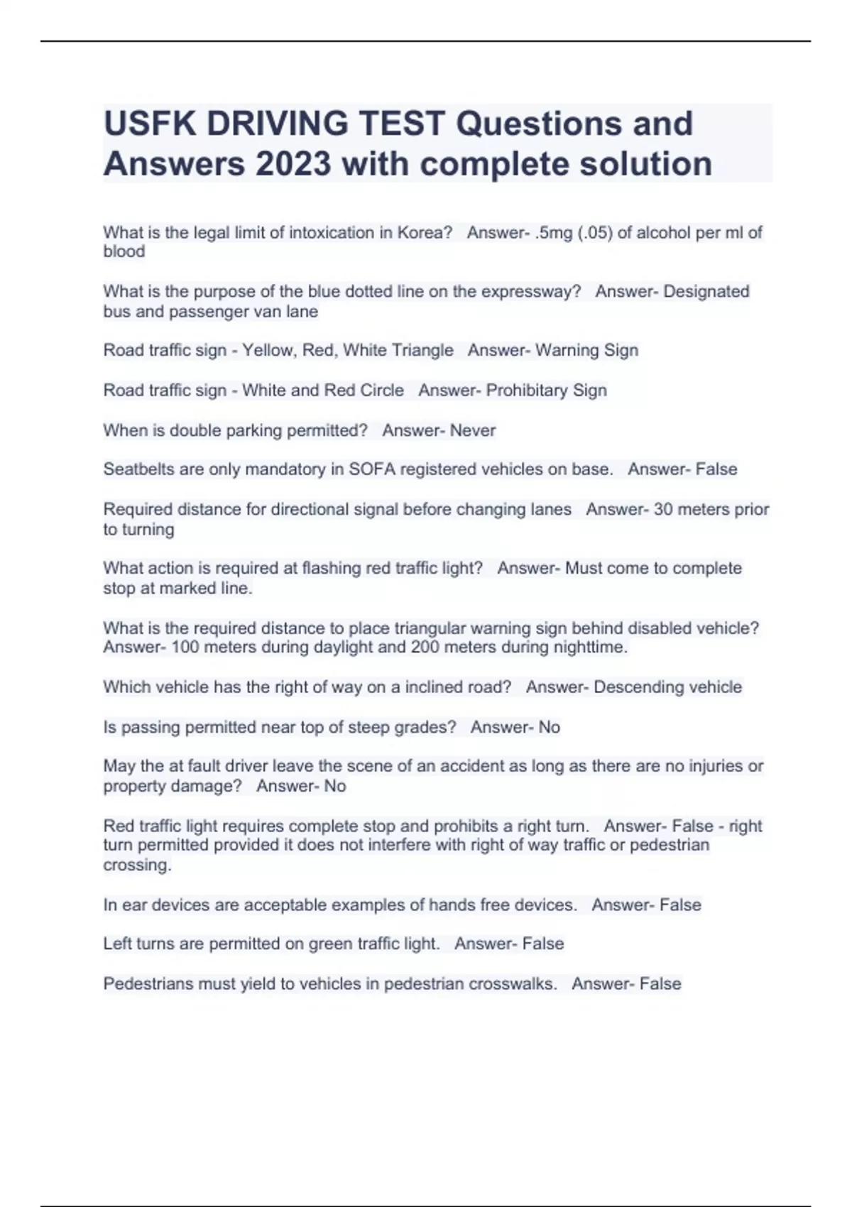 USFK DRIVING TEST Questions and Answers 2023 with complete solution ...