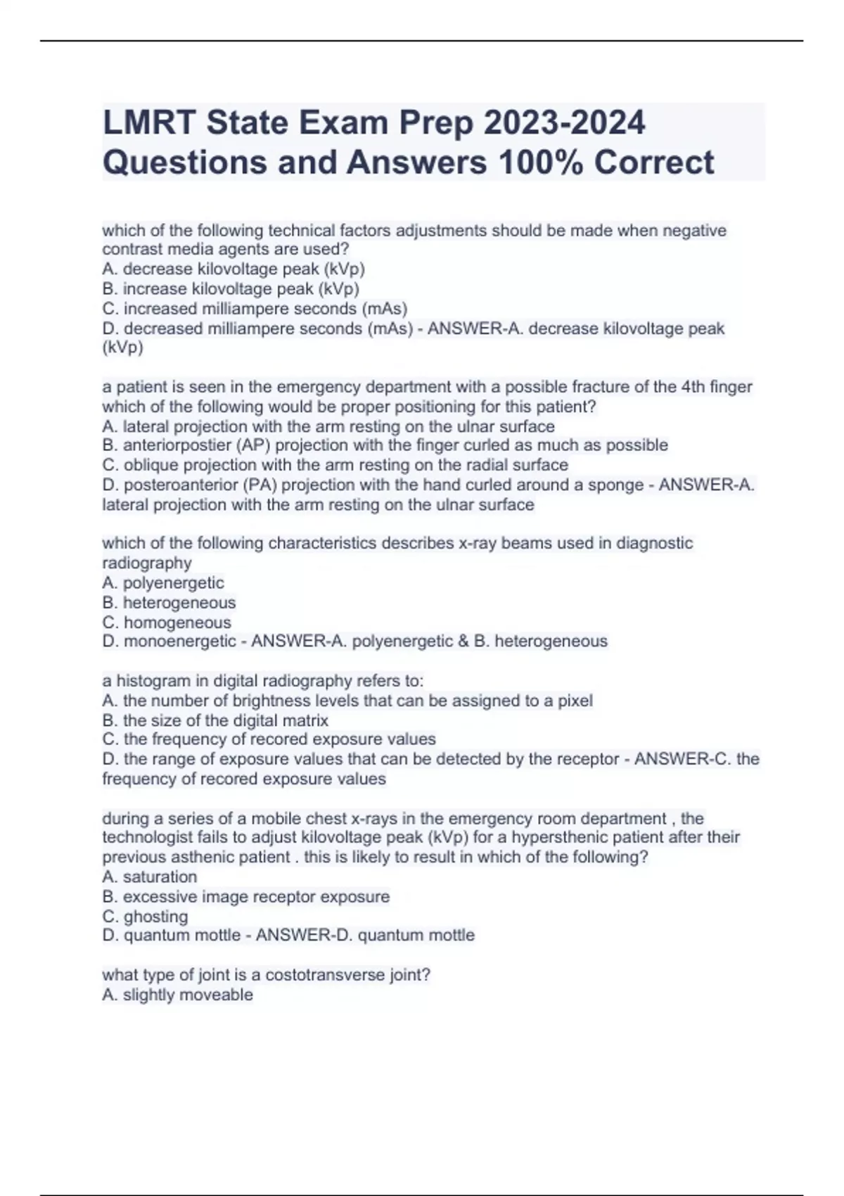 LMRT State Exam Prep Questions and Answers 100% Correct - LMRT - Stuvia US