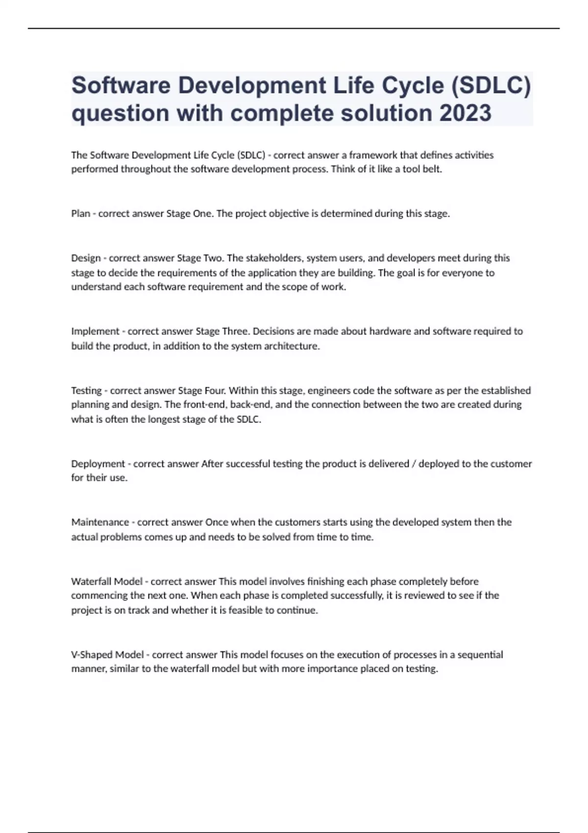 Software Development Life Cycle (SDLC) question with complete solution 2023 - SDLC - Stuvia US