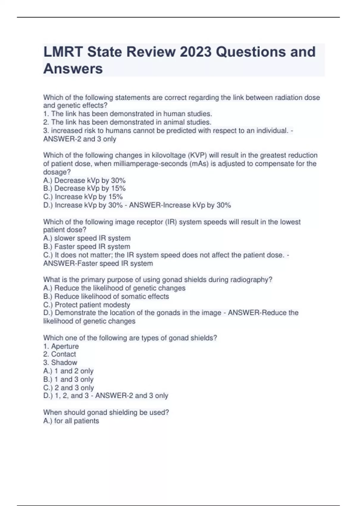 LMRT State Review 2023 Questions and Answers - LMRT - Stuvia US