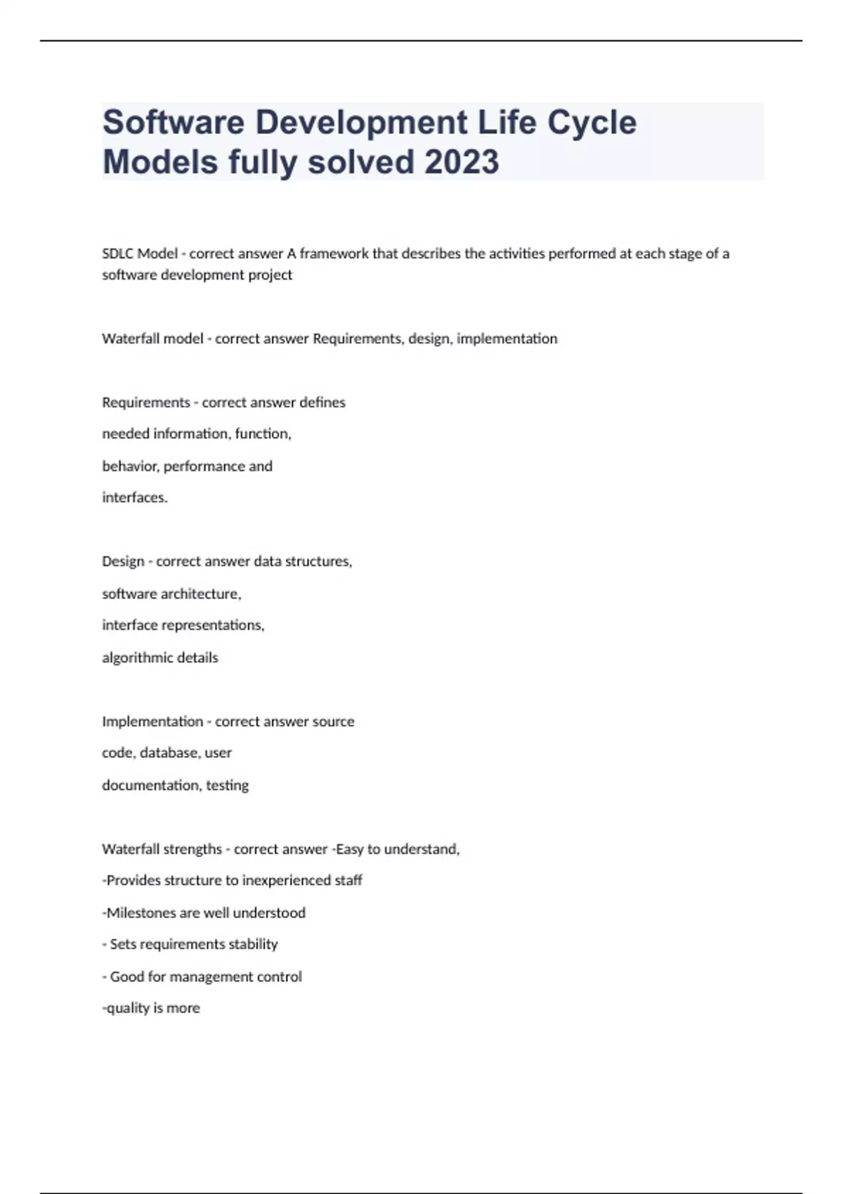 Software Development Life Cycle Models fully solved 2023 - Sdlc - Stuvia US