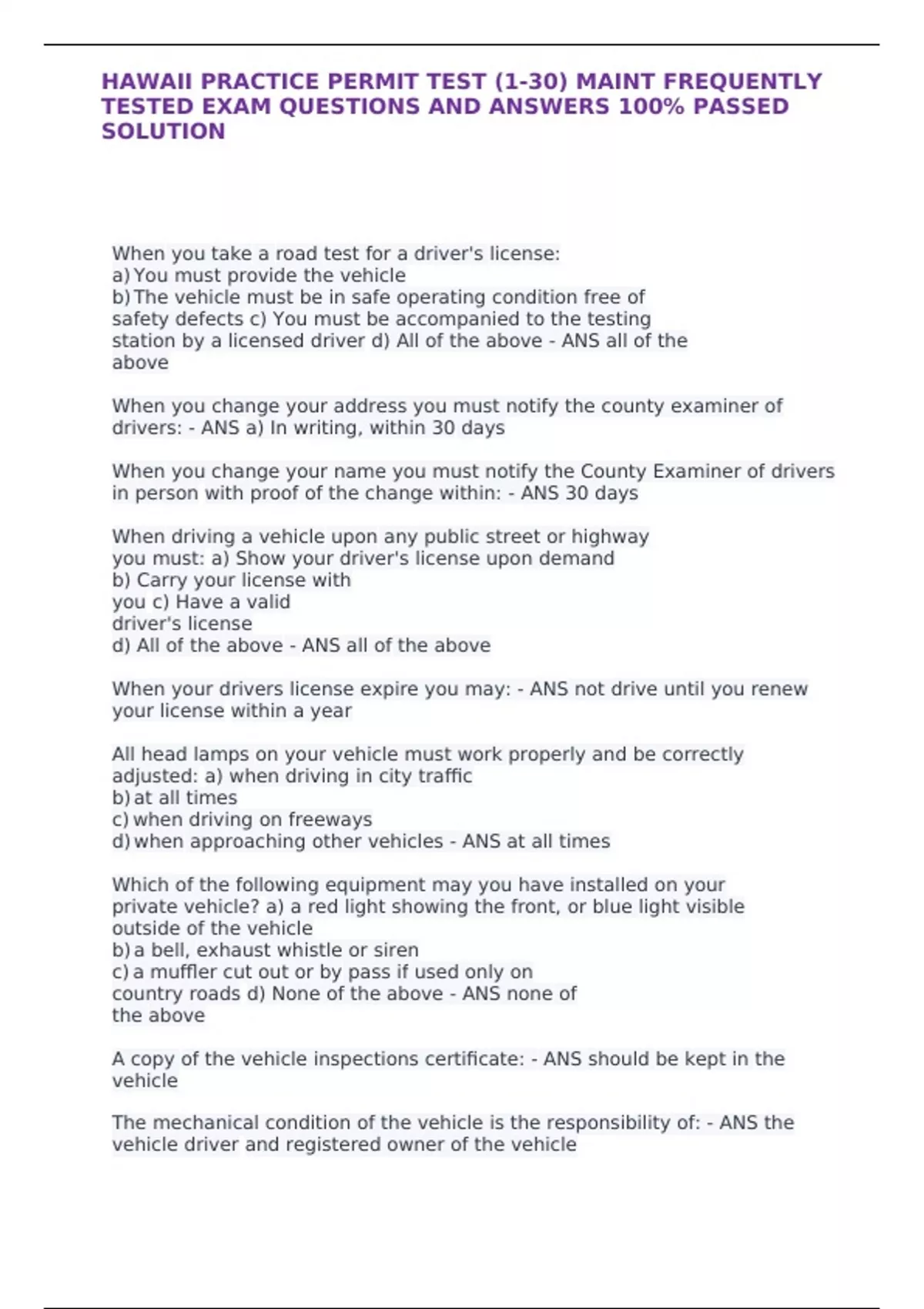 HAWAII PRACTICE PERMIT TEST (1-30) MAINT FREQUENTLY TESTED EXAM ...