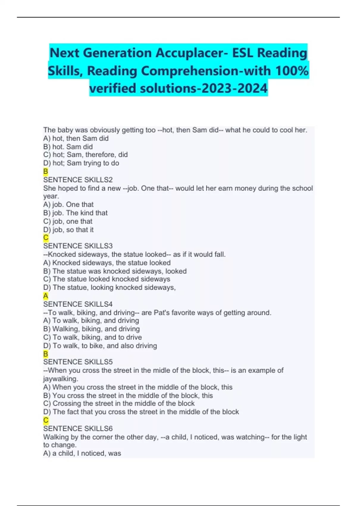 Next Generation Accuplacer Esl Reading Skills Reading Comprehension With 100 Verified