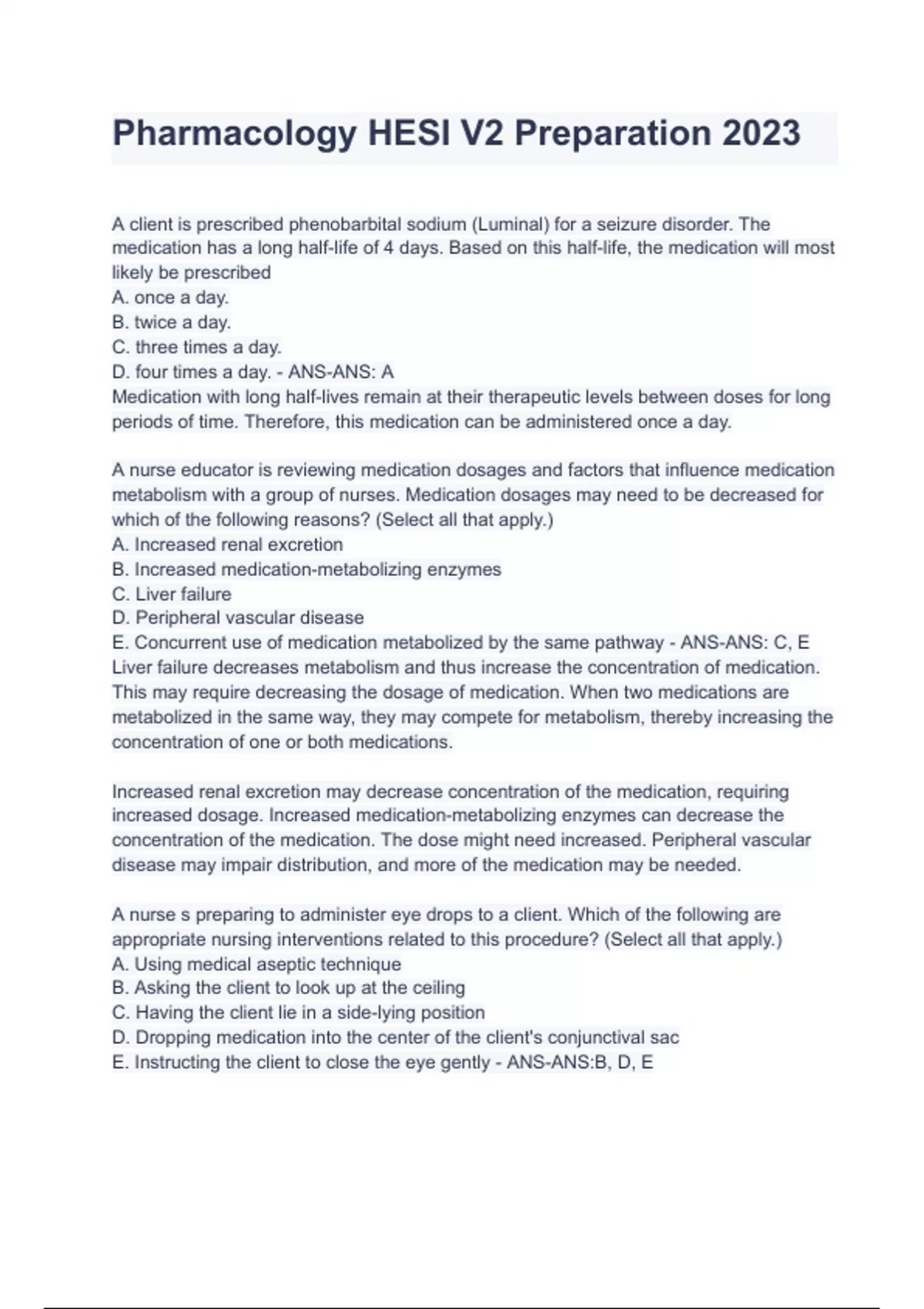 Pharmacology HESI V2 Preparation 2023 - Pharmacology HESI V2 ...