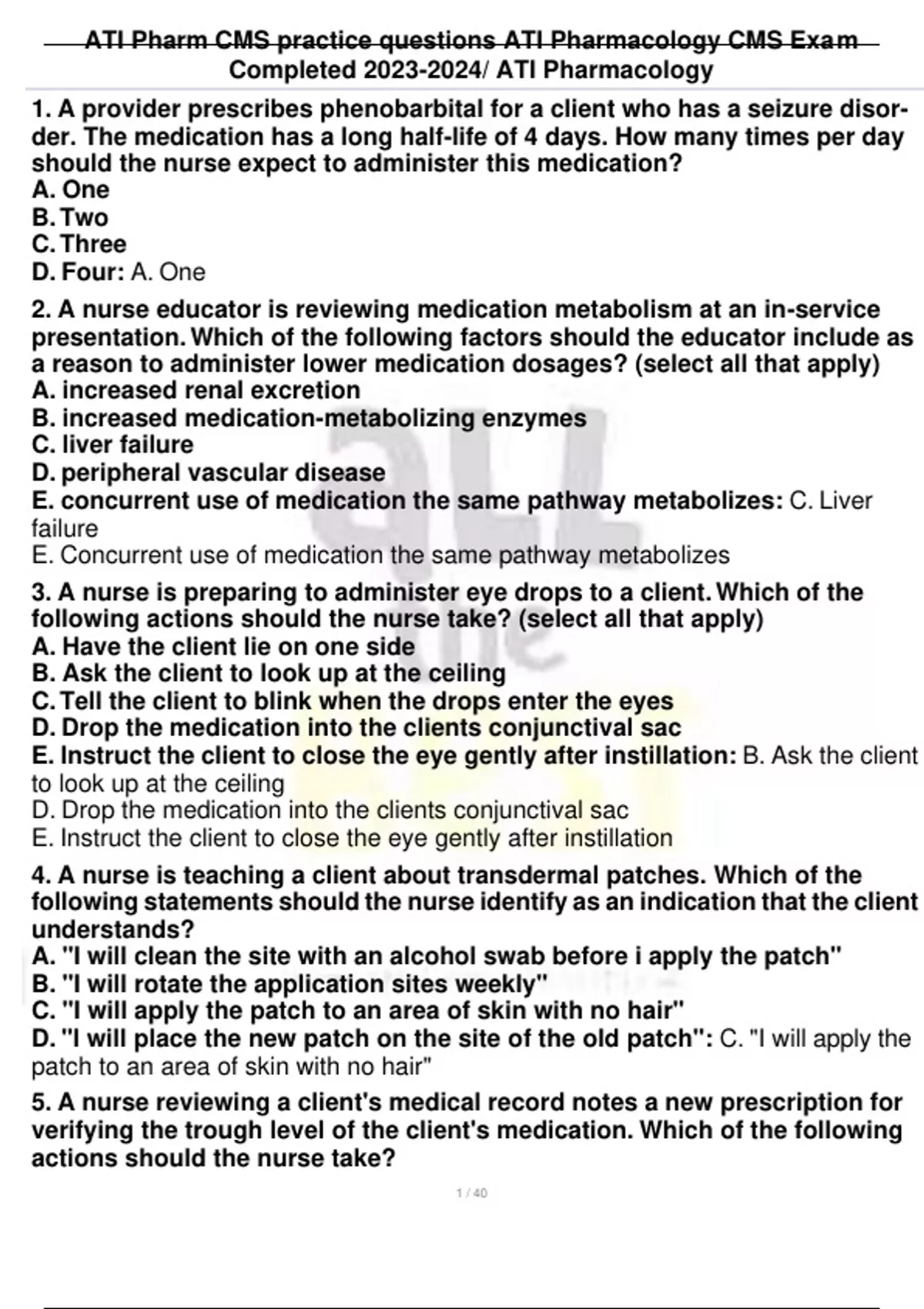 ATI Pharm CMS practice questions ATI Pharmacology CMS Exam Completed ...