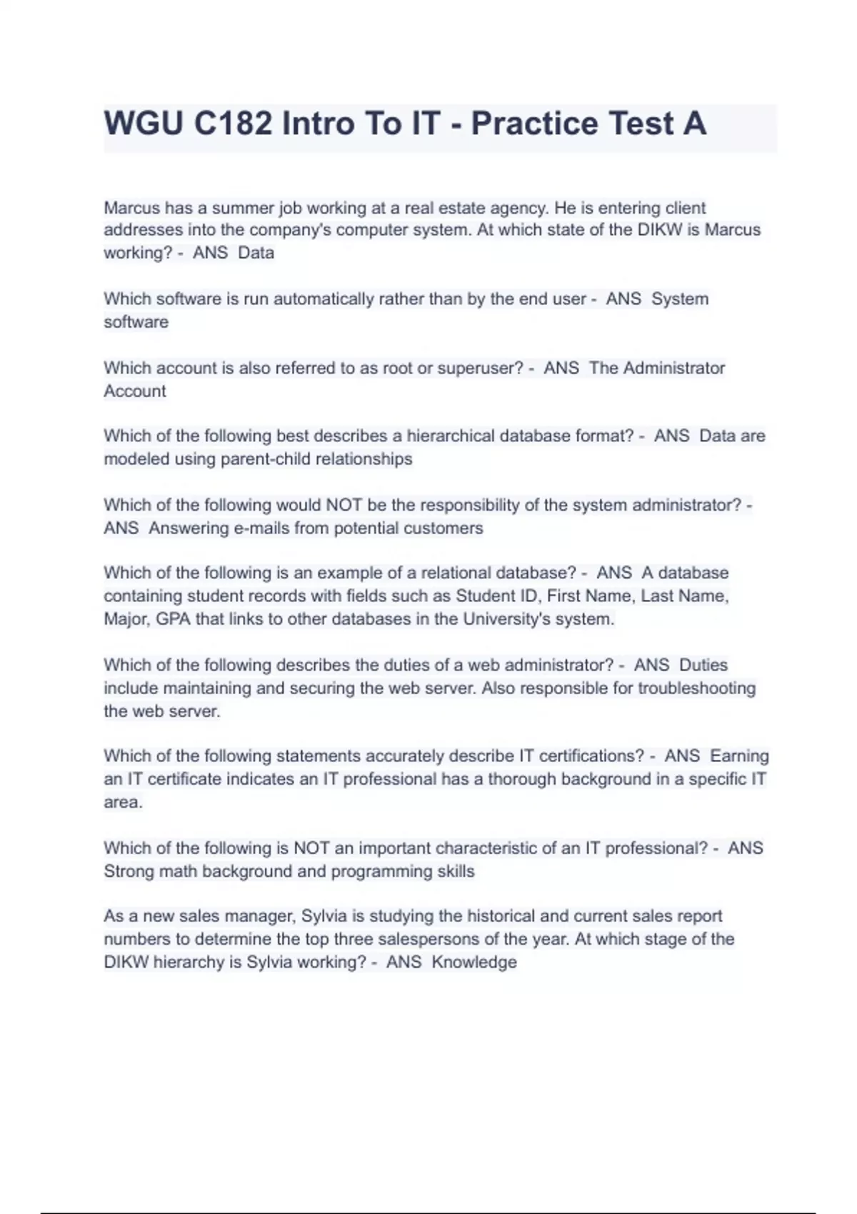 WGU C182 Introduction to IT - Practice Test A QUESTIONS WITH VERIFIED ...