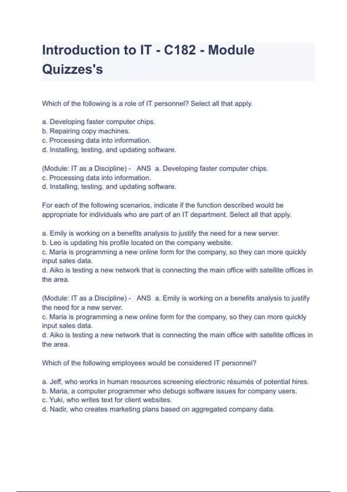 Introduction to IT - C182 - Module Quizzes' ALL ANWERED 100 % VERIFIED ...