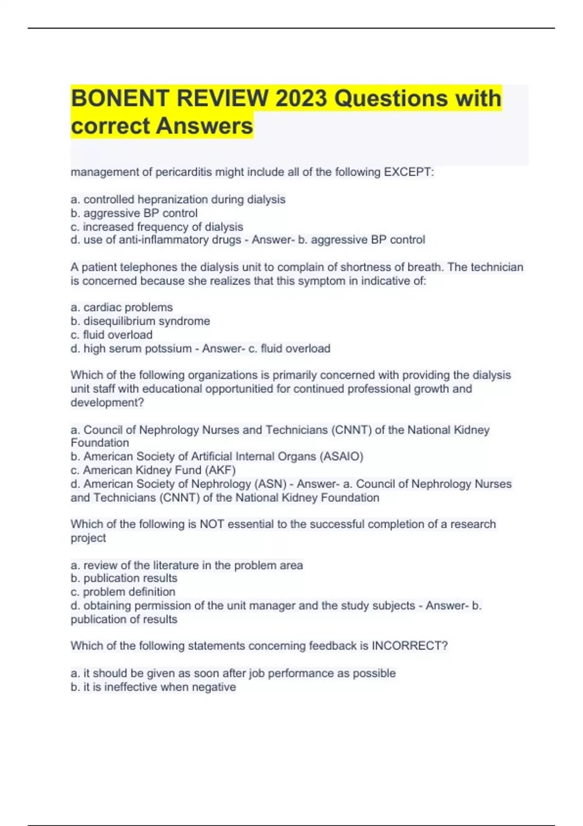 BONENT REVIEW 2023 Questions with correct Answers - BONENT - Stuvia US