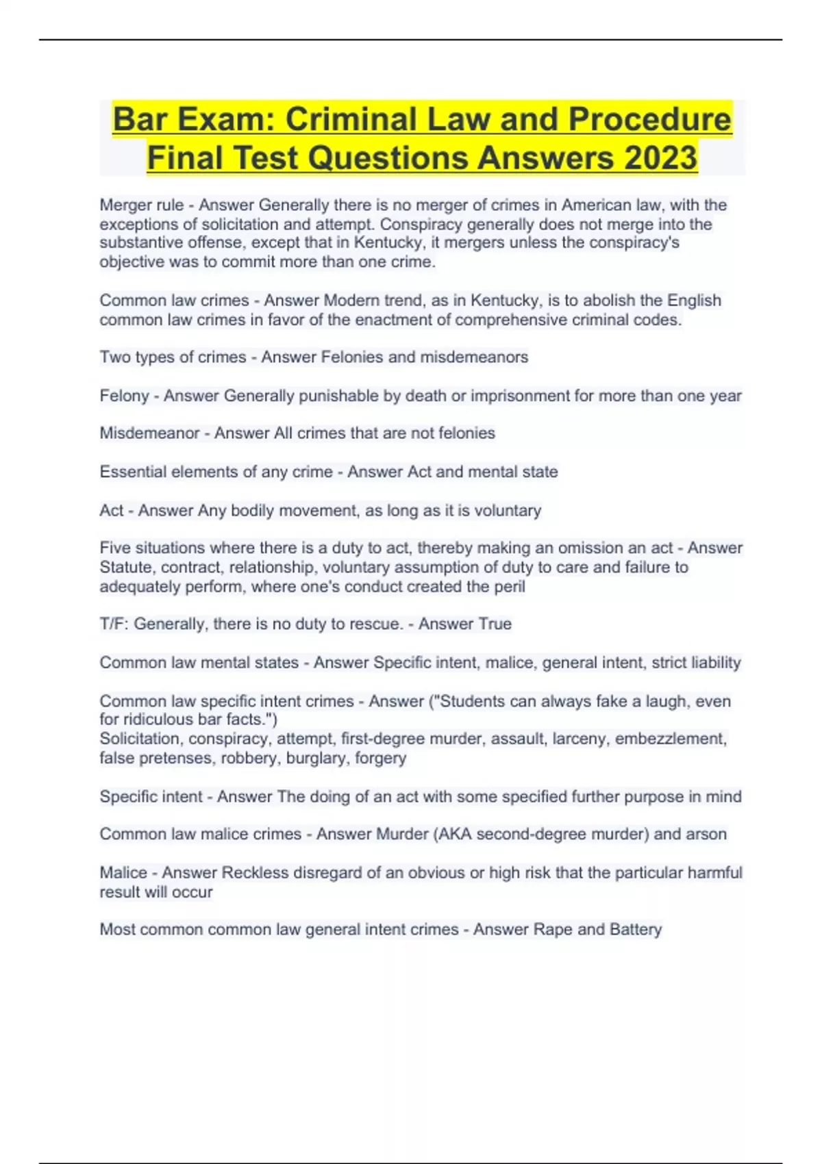 Bar Exam: Criminal Law and Procedure Final Test Questions Answers 2023 ...