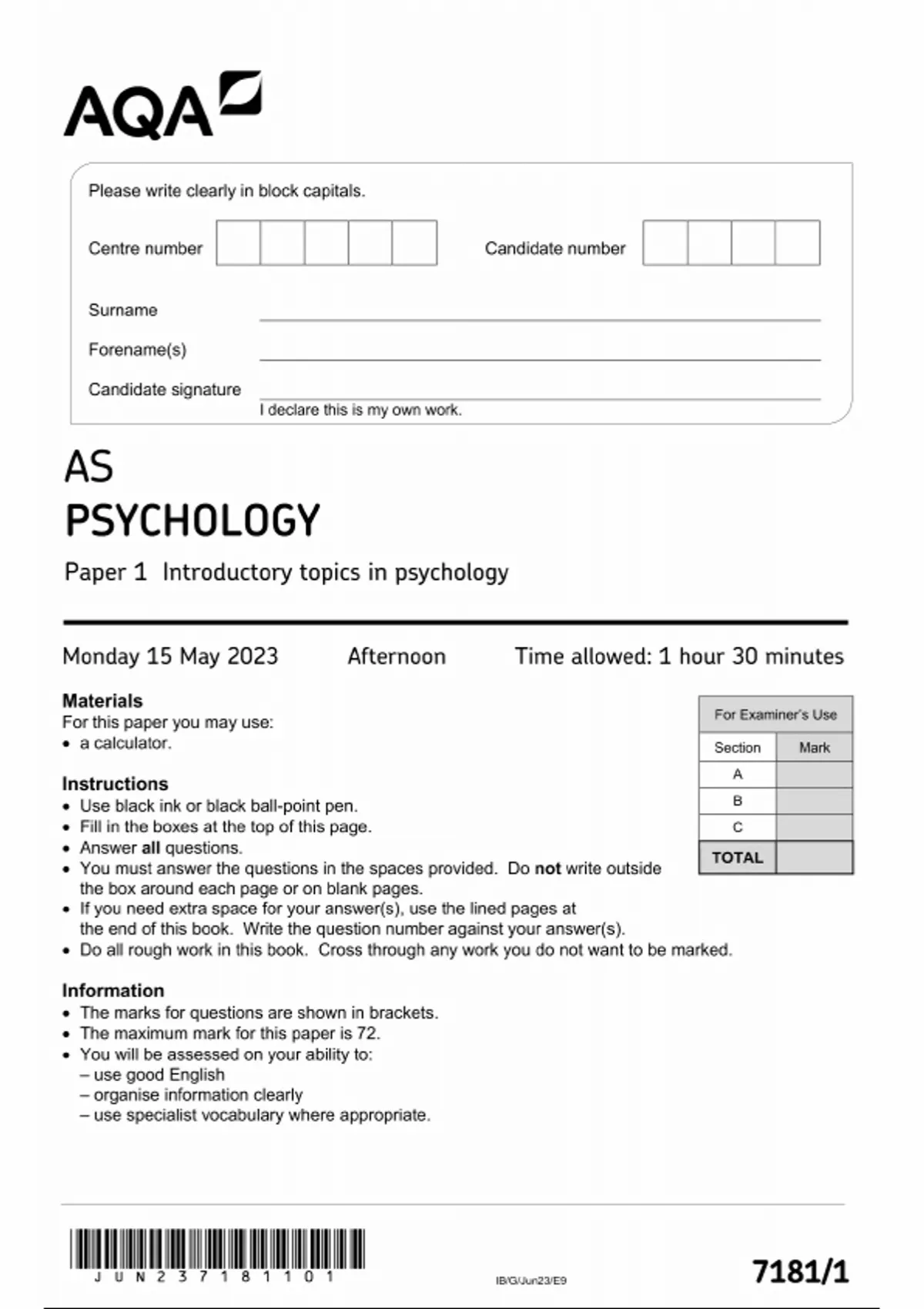 AQA AS PSYCHOLOGY PAPER 1 Introductory topics in psychology 2023 ...