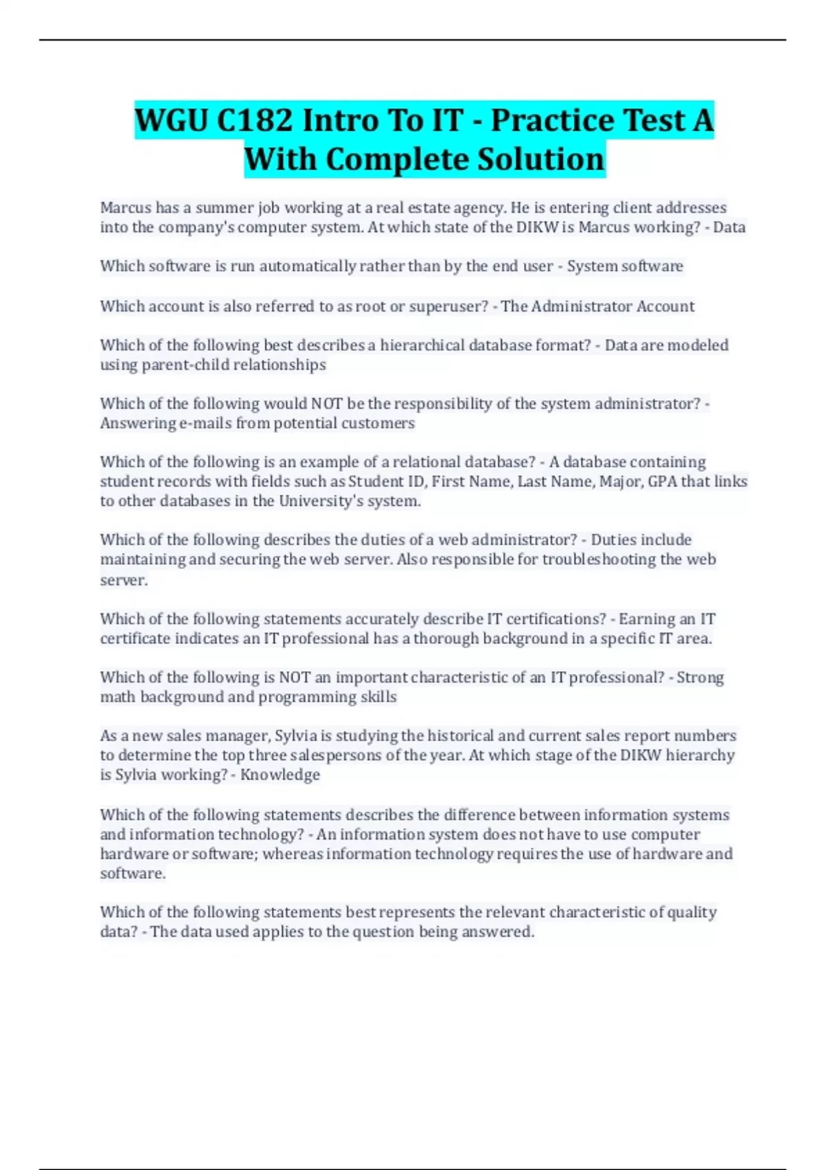 WGU C182 Intro To IT - Practice Test A With Complete Solution - WGU ...