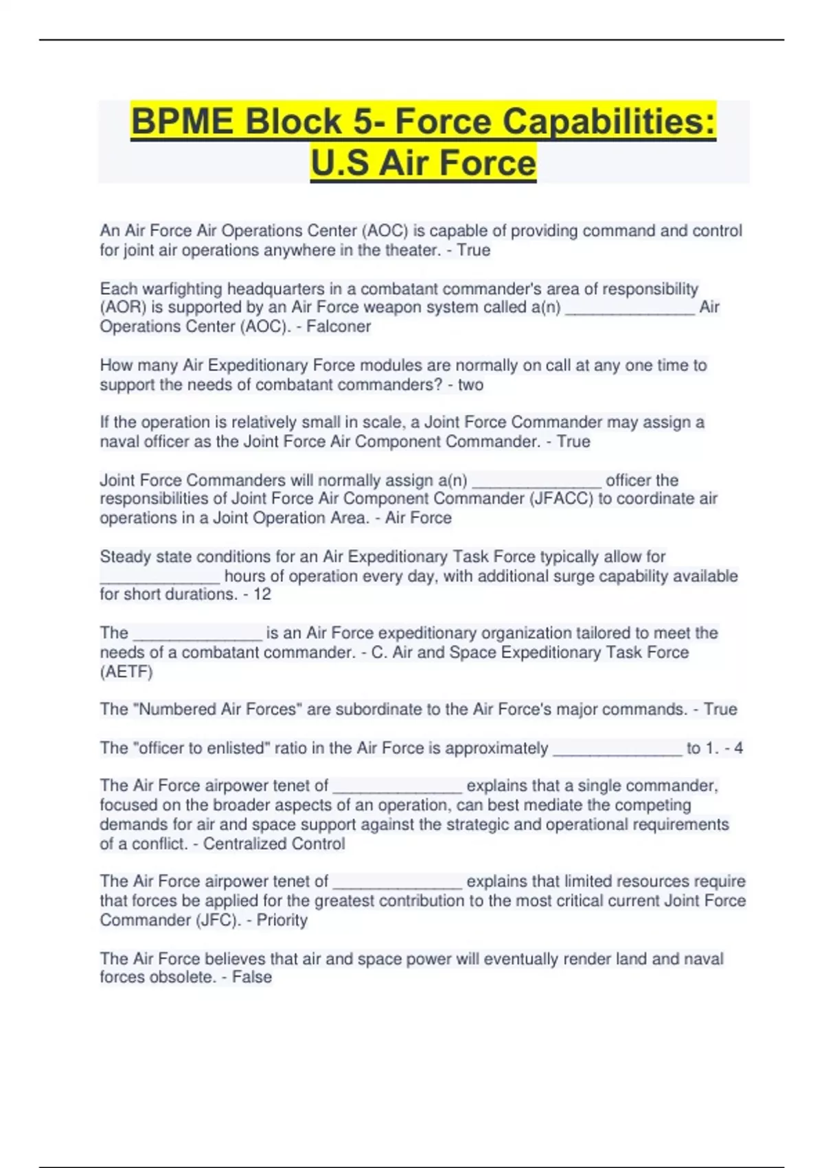 BPME Block 5- Force Capabilities: U.S Air Force - BPME - Stuvia US