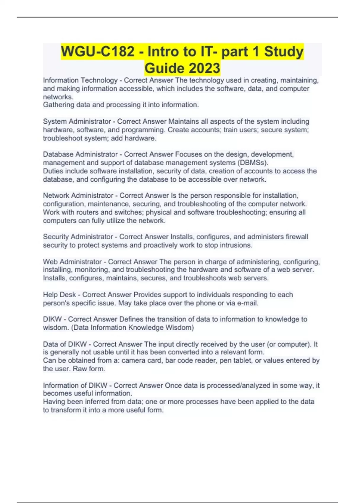 WGU-C182 - Intro to IT- part 1 Study Guide 2023 - WGU C182 Introduction ...