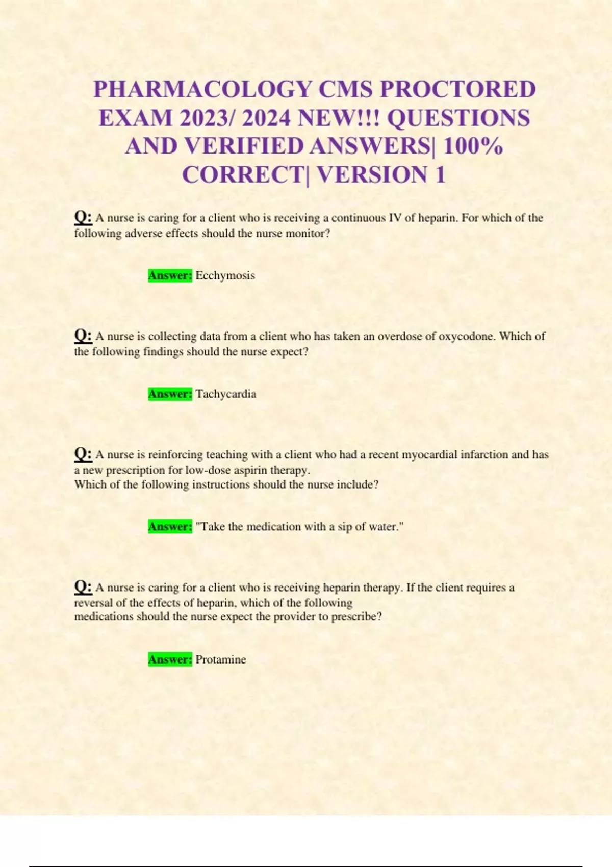 PHARMACOLOGY CMS PROCTORED EXAM 2023/ 2024 NEW!!! QUESTIONS AND ...