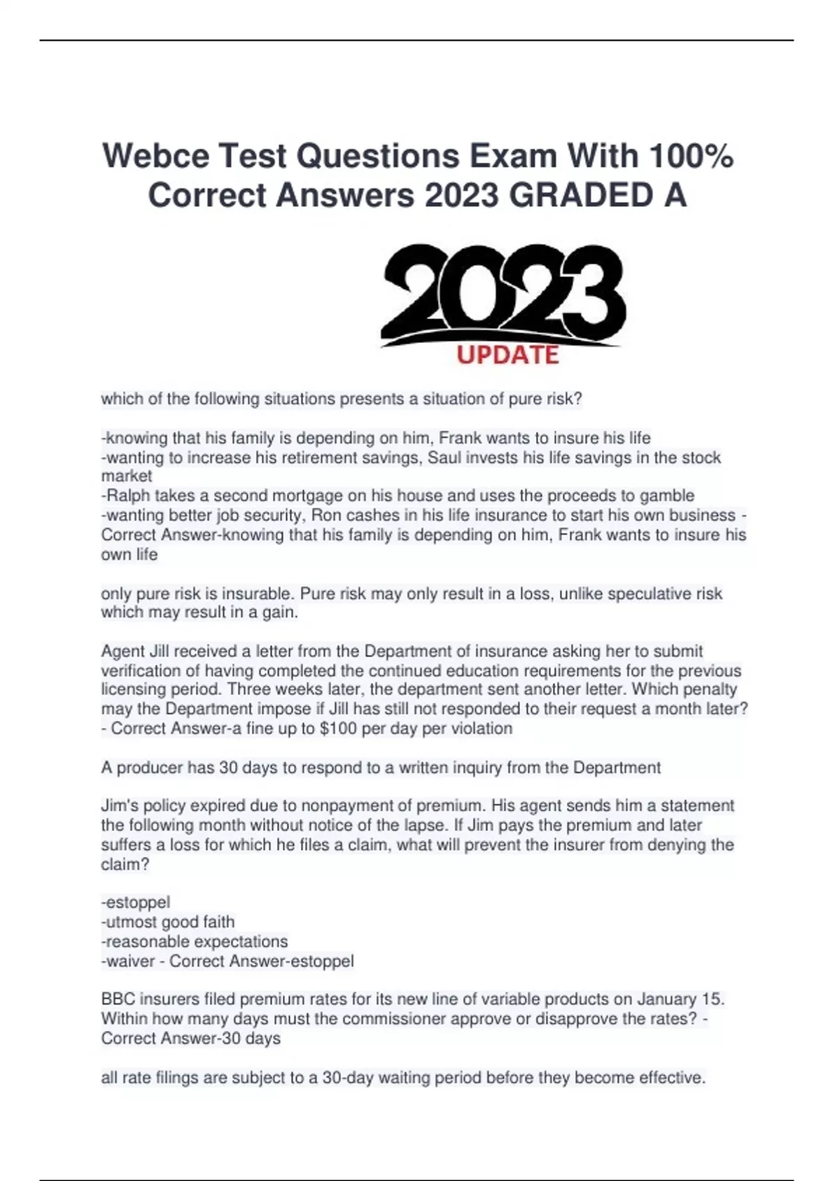 Webce Test Questions Exam With 100% Correct Answers 2023 GRADED A ...