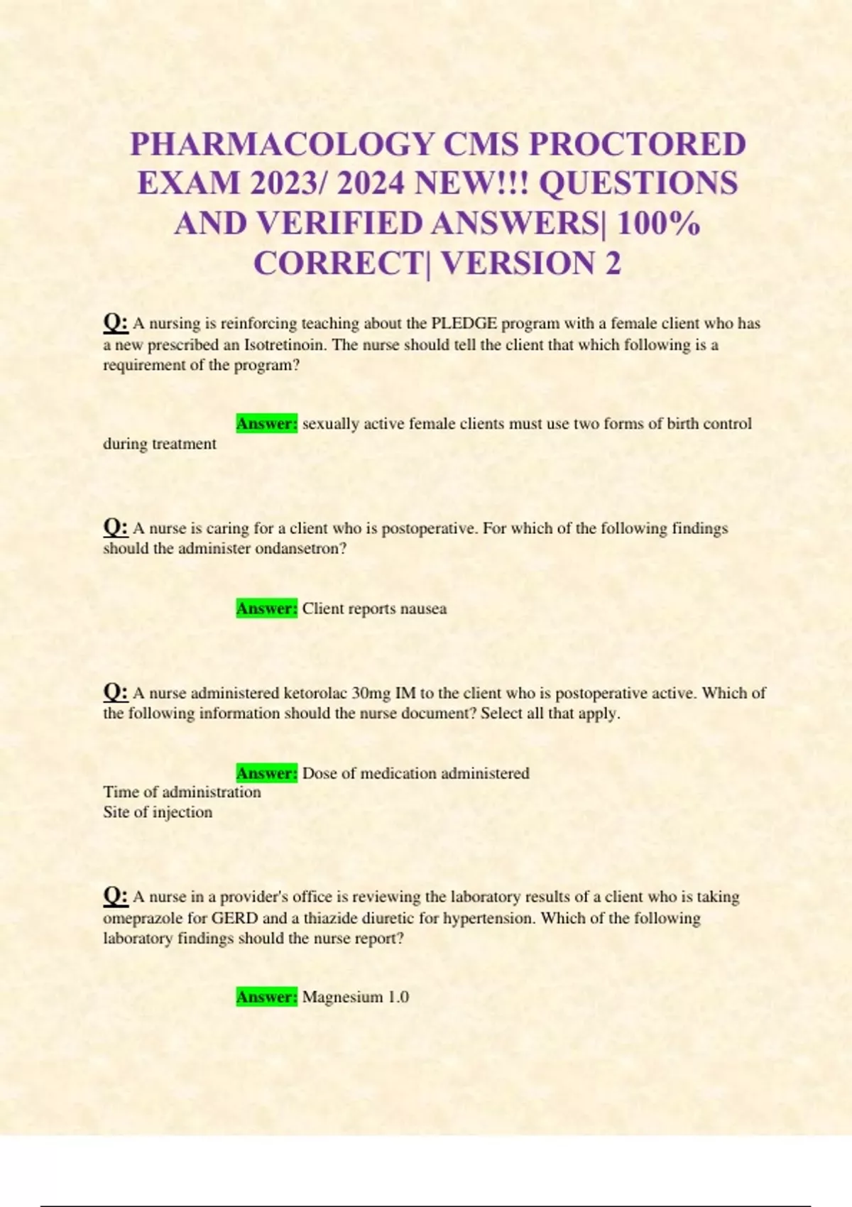 PHARMACOLOGY CMS PROCTORED EXAM 2023/ 2024 NEW!!! QUESTIONS AND ...