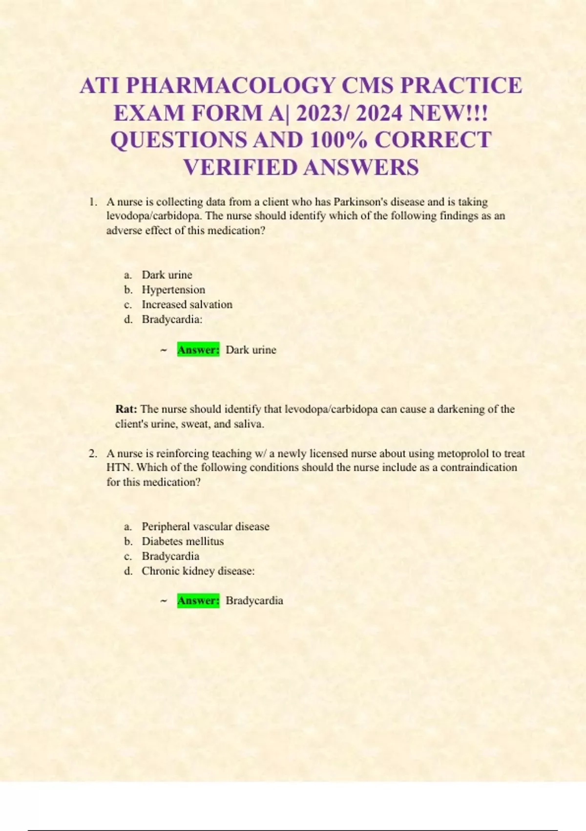 ATI PHARMACOLOGY CMS PRACTICE EXAM FORM A| 2023/ 2024 NEW!!! QUESTIONS ...