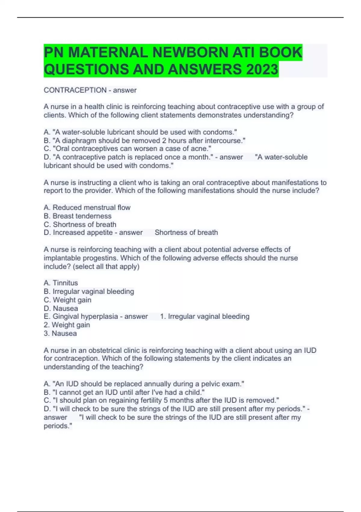 PN MATERNAL NEWBORN ATI BOOK QUESTIONS AND ANSWERS 2023 - ATI PN ...