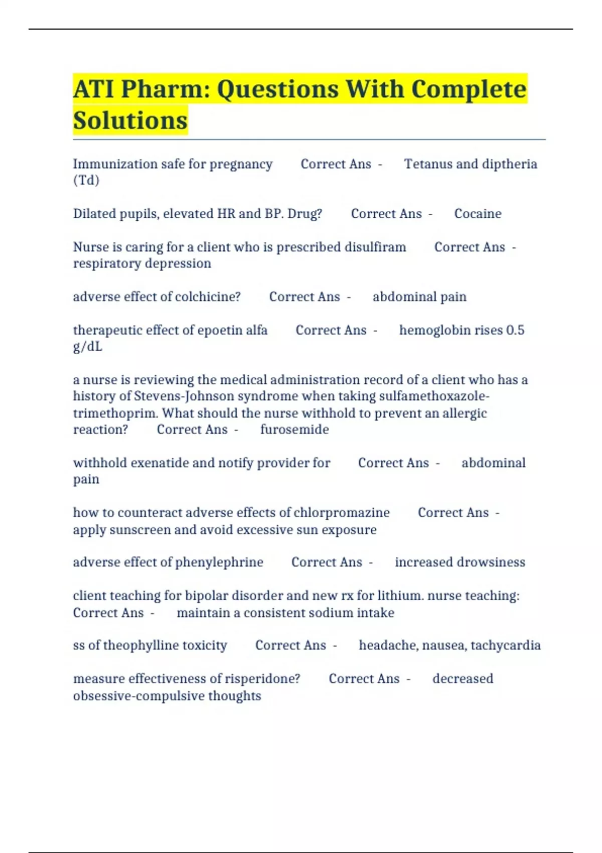 ATI Pharm: Questions With Complete Solutions - ATI Pharm - Stuvia US