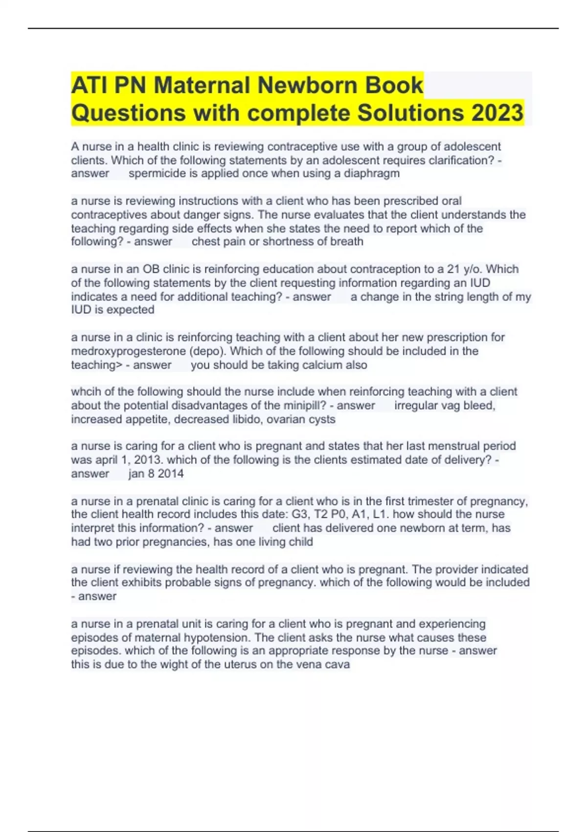 ATI PN Maternal Newborn Book Questions with complete Solutions 2023 ...