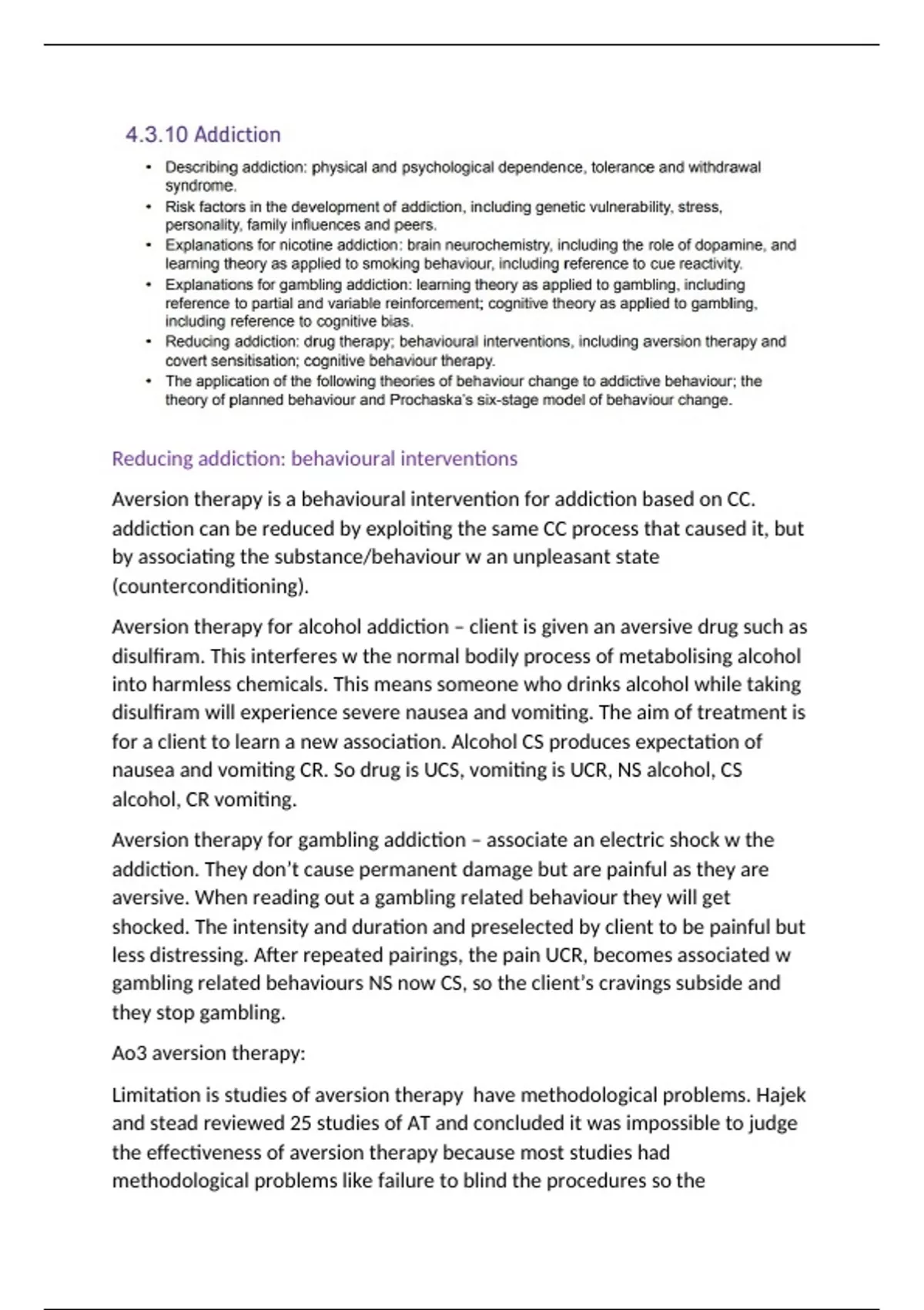 Summary A Level Psychology: Reducing addiction via behavioural ...