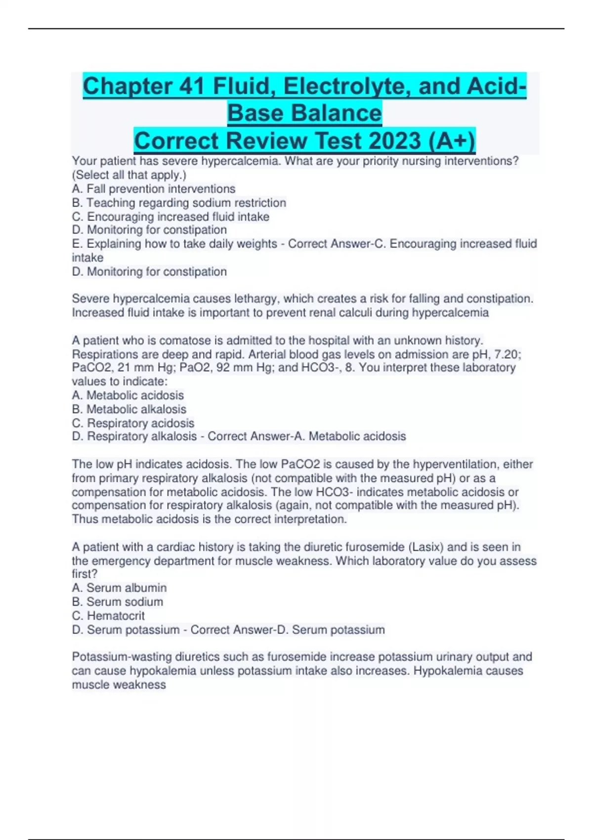 Chapter 41 Fluid, Electrolyte, and Acid Base Balance Correct Review ...