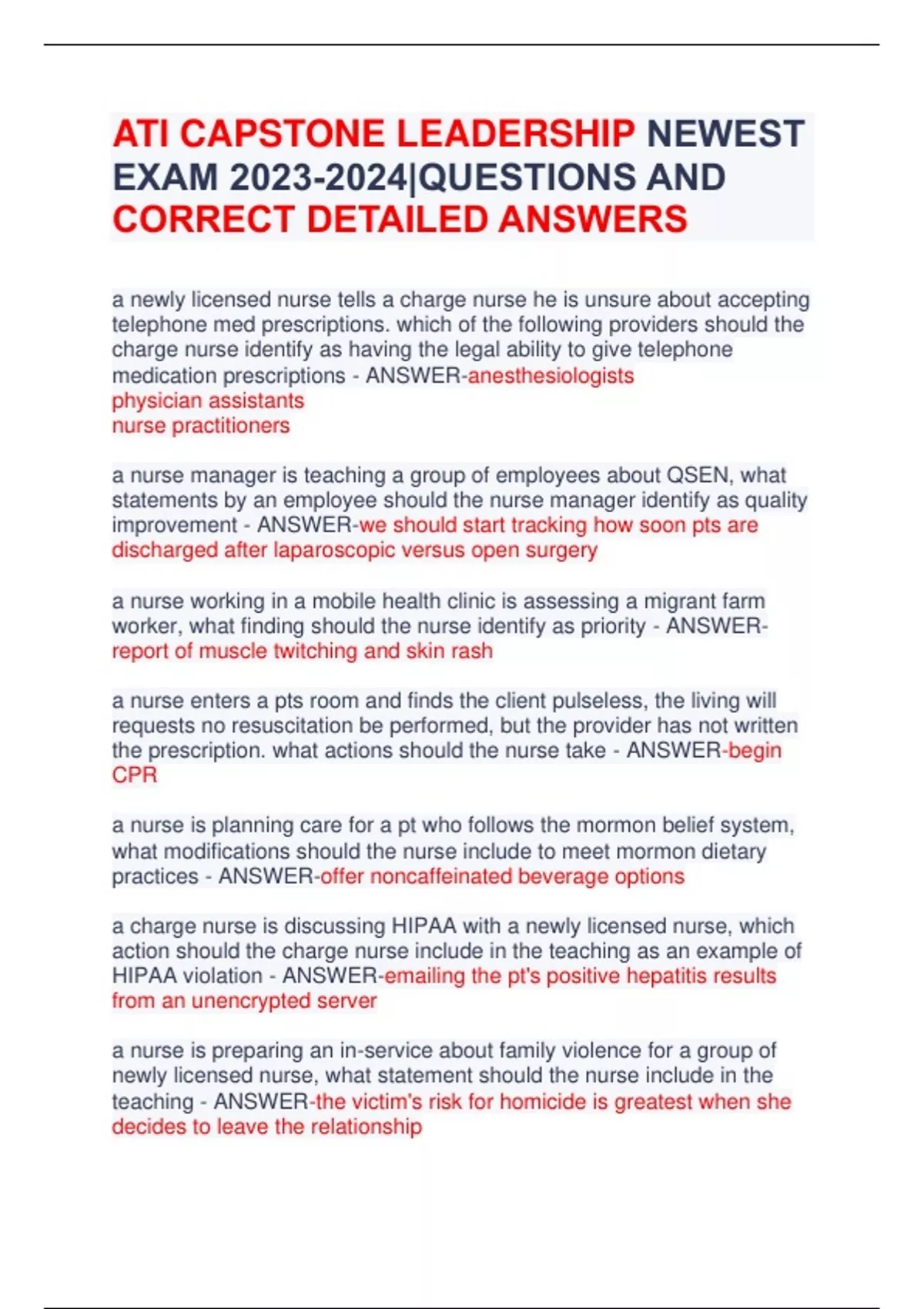 ATI CAPSTONE LEADERSHIP NEWEST EXAM |QUESTIONS AND CORRECT DETAILED ANSWERS - ATI CAPSTONE ...