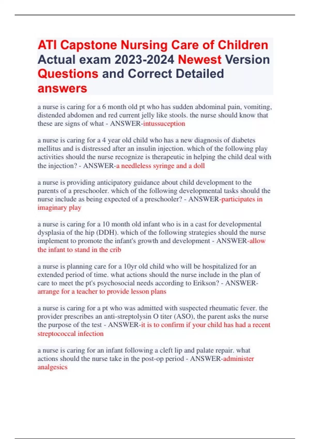 ATI Capstone Nursing Care of Children Actual exam Newest Version ...