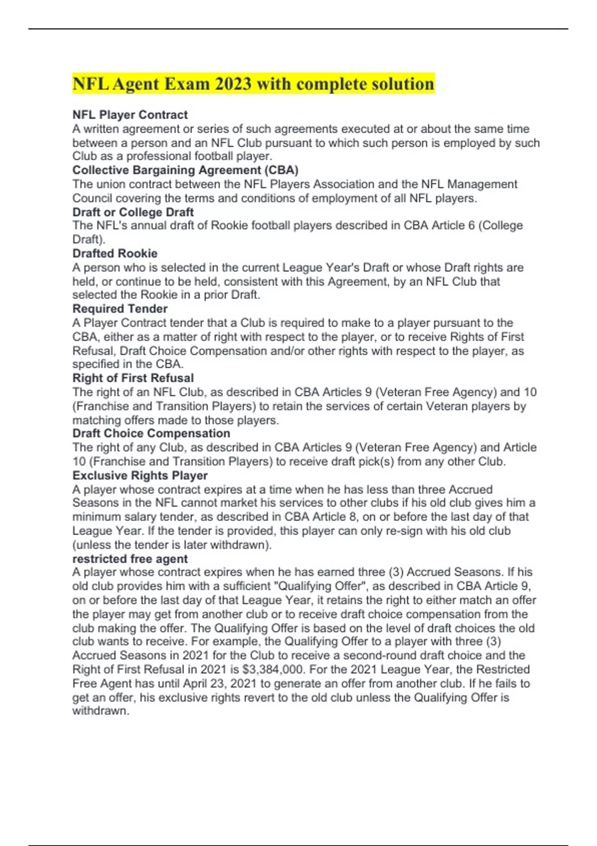 NFL Agent Exam 2023 with complete solution - NFL Agent - Stuvia US