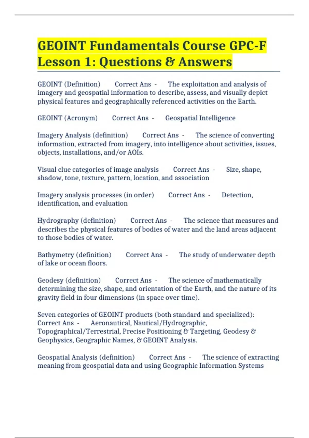 GEOINT Fundamentals Course GPC-F Lesson 1: Questions & Answers - GEOINT ...