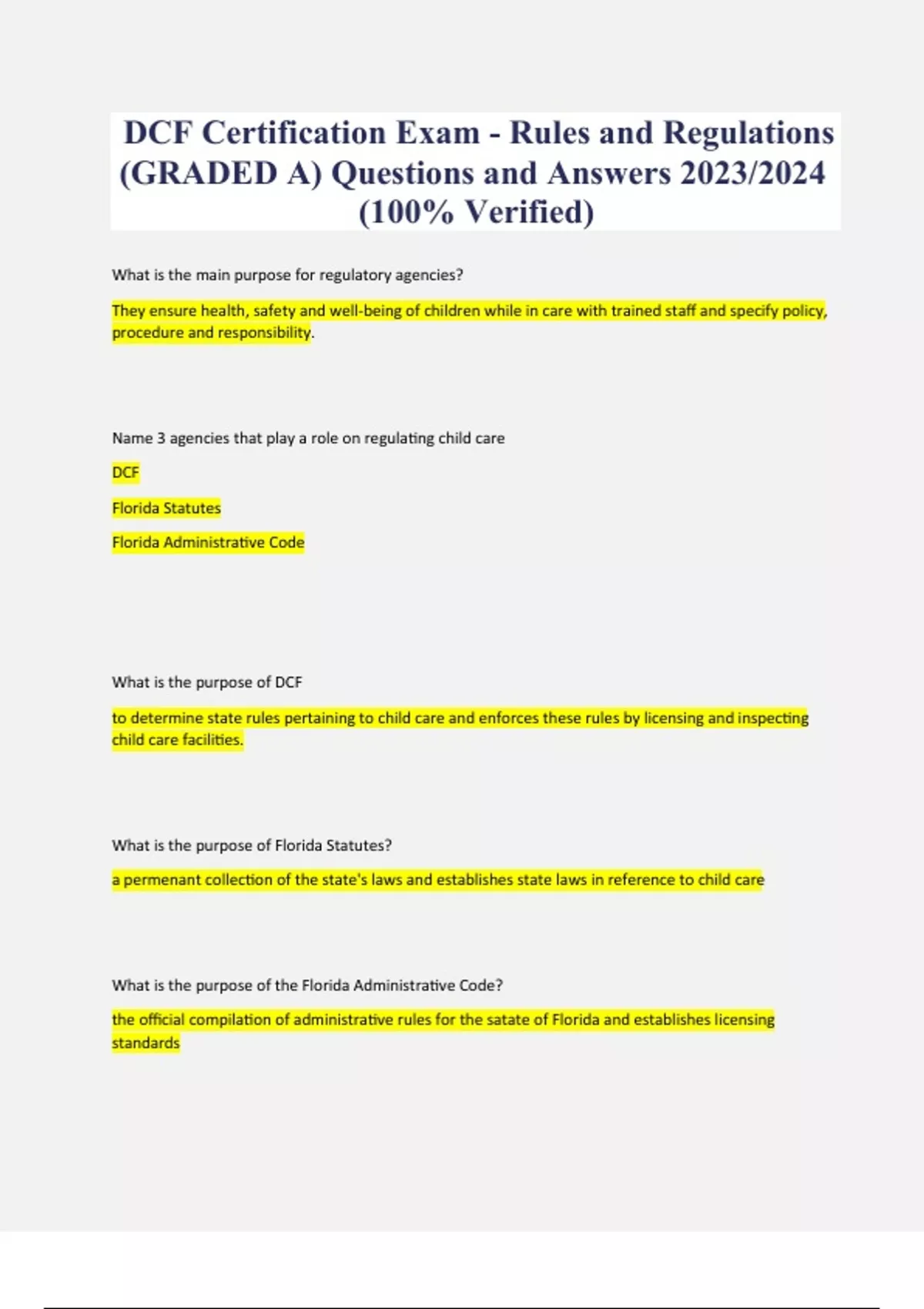 DCF Certification Test - Health, Safety& Nutrition Questions and Answer ...