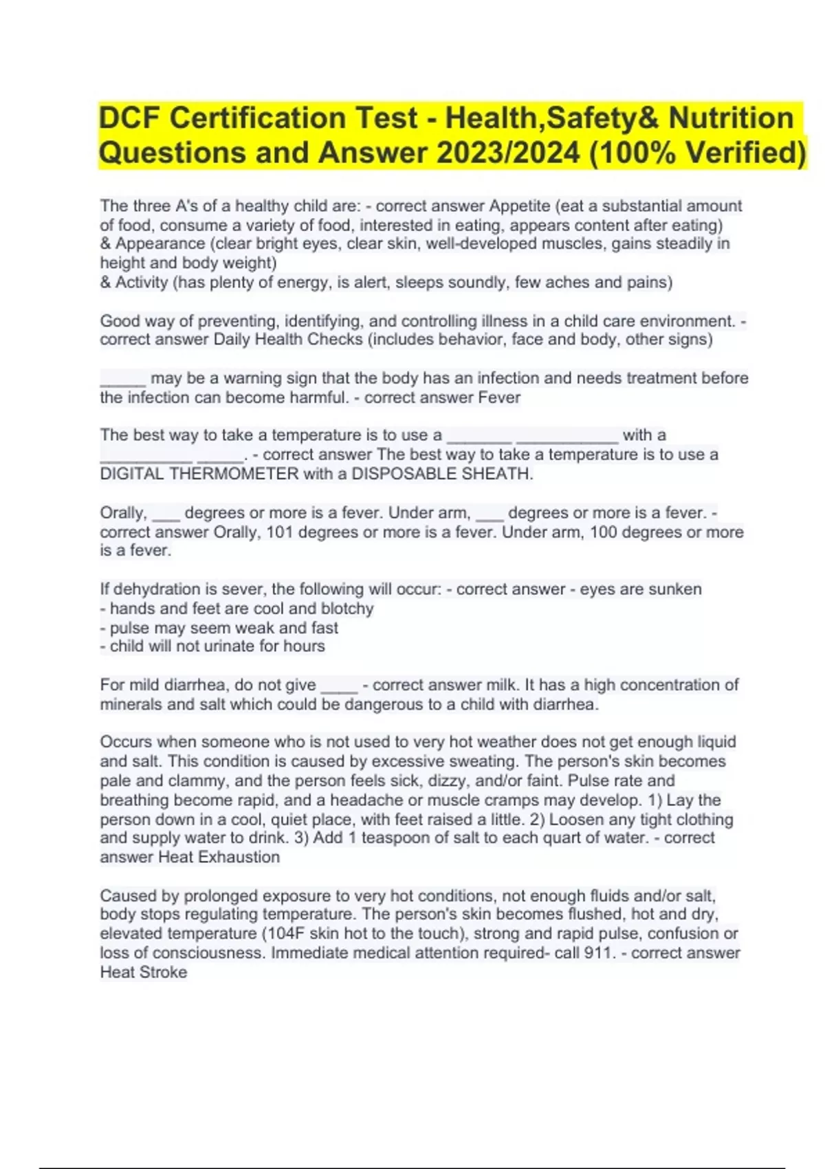 DCF Certification Test - Health, Safety& Nutrition Questions and Answer ...