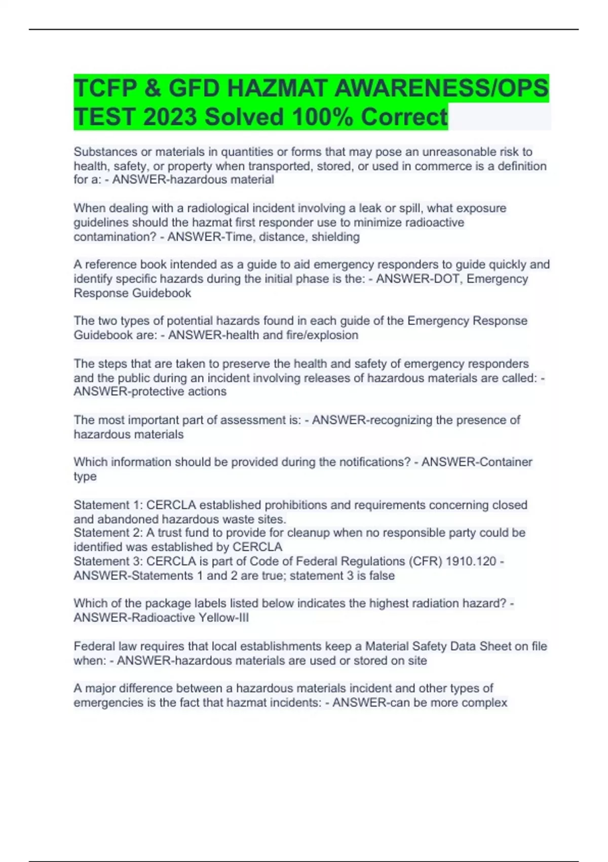 TCFP & GFD HAZMAT AWARENESS/OPS TEST 2023 Solved 100% Correct - TCFP ...