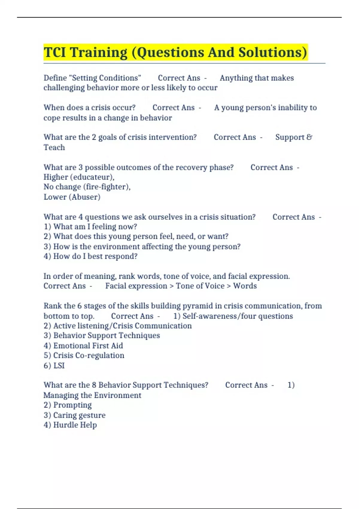 TCI Training (Questions And Solutions) - TCI Training - Stuvia US