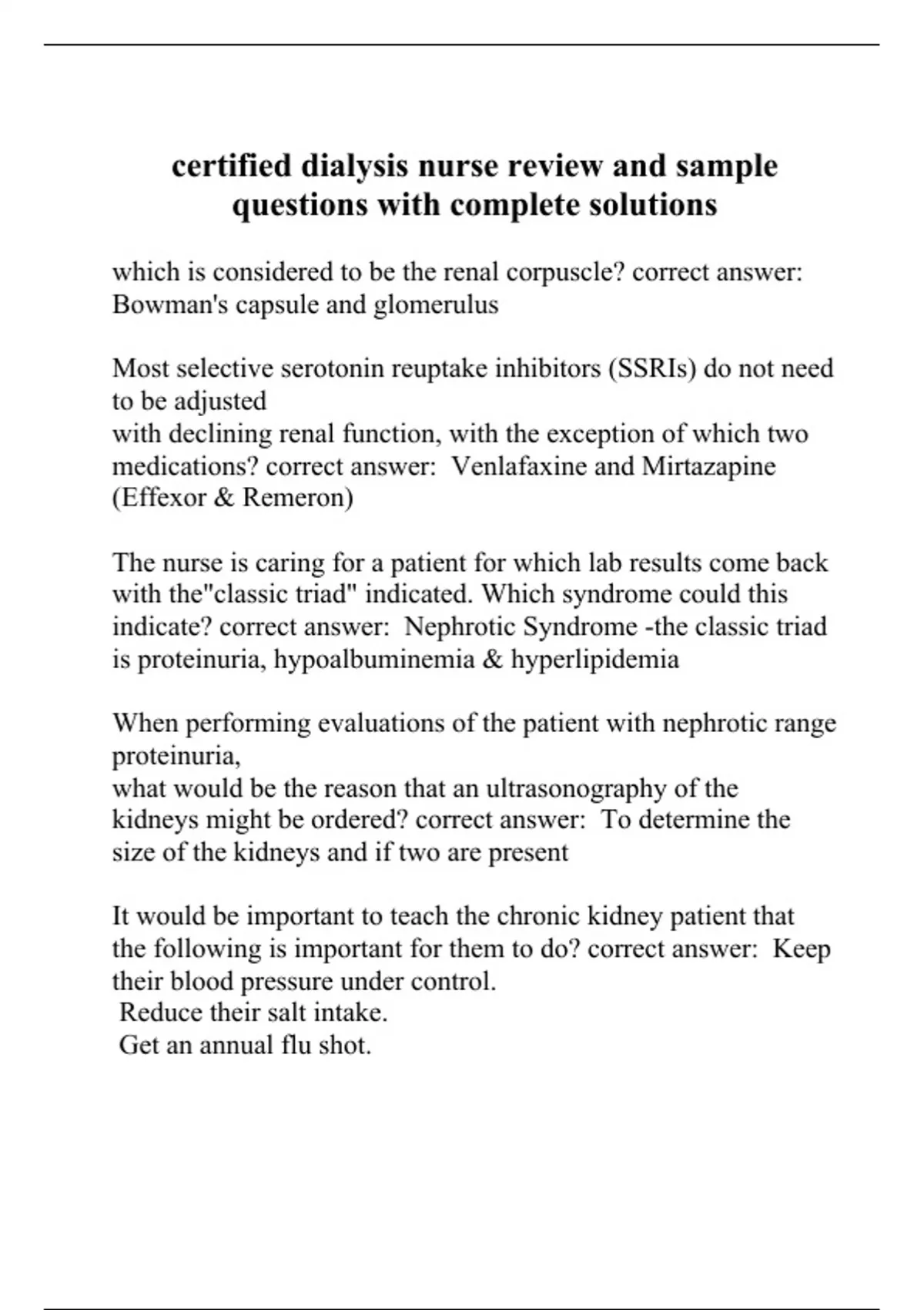 certified dialysis nurse review and sample questions with complete ...