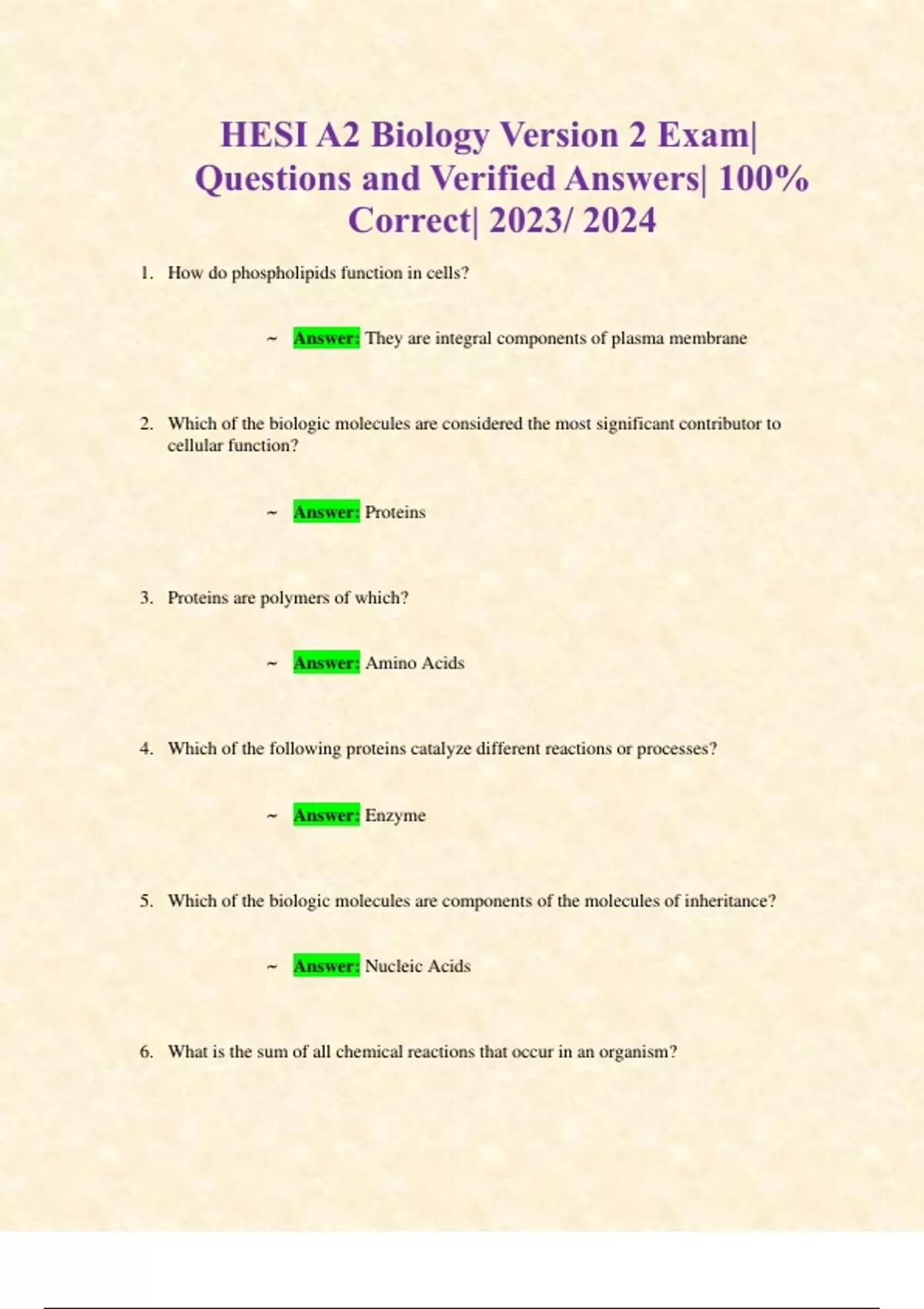 HESI A2 Biology Version 2 Exam| Questions and Verified Answers| 100% ...